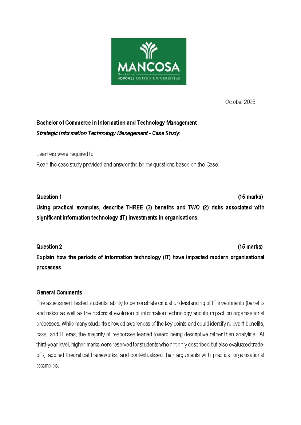 Strategic IT Management Case Study Feedback - BCom ITM 2025 - Studocu