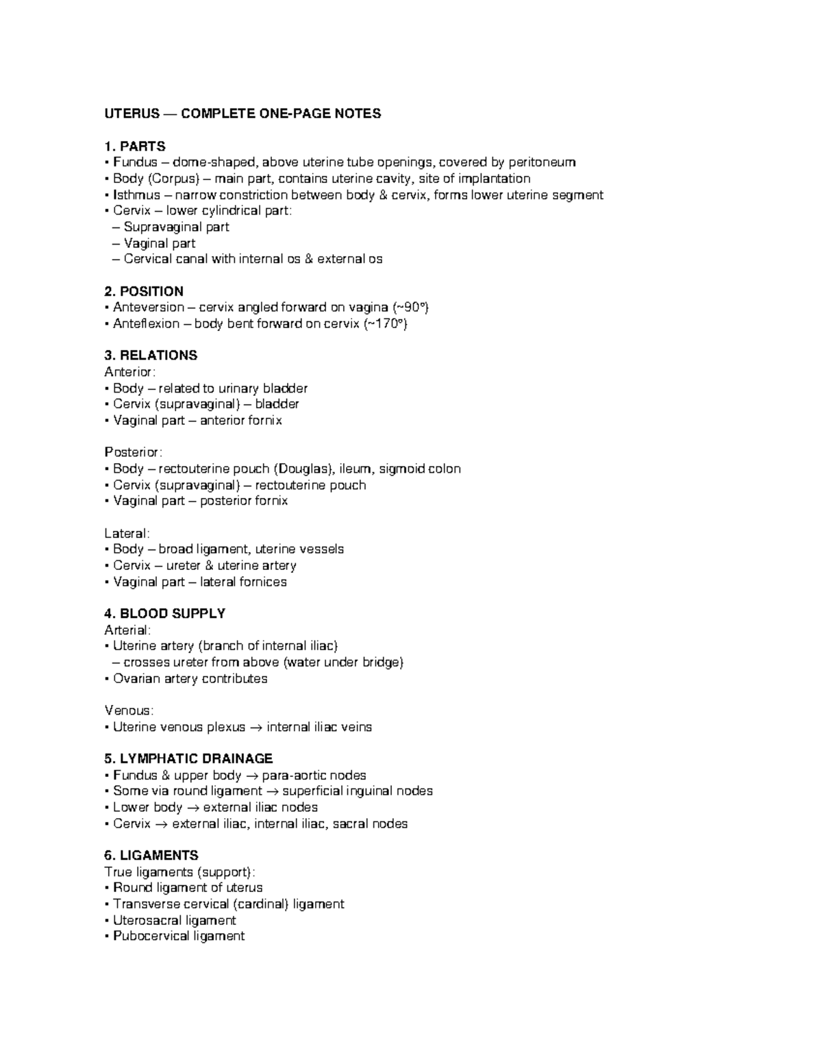 Uterus Anatomy & Physiology Notes - Comprehensive Overview - Studocu