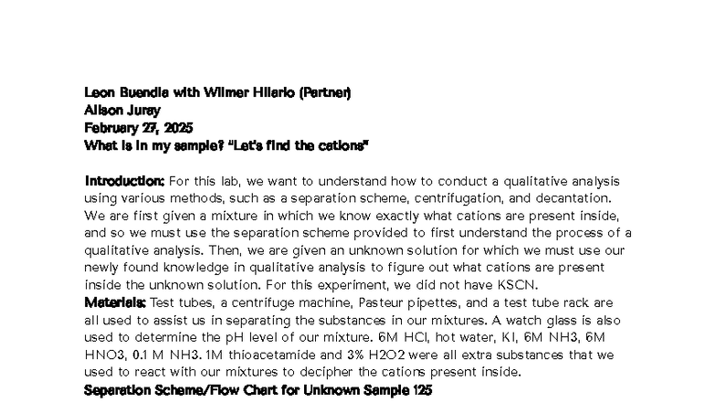 Lab 4 Report: Qualitative Analysis of Cations in Mixtures - Studocu