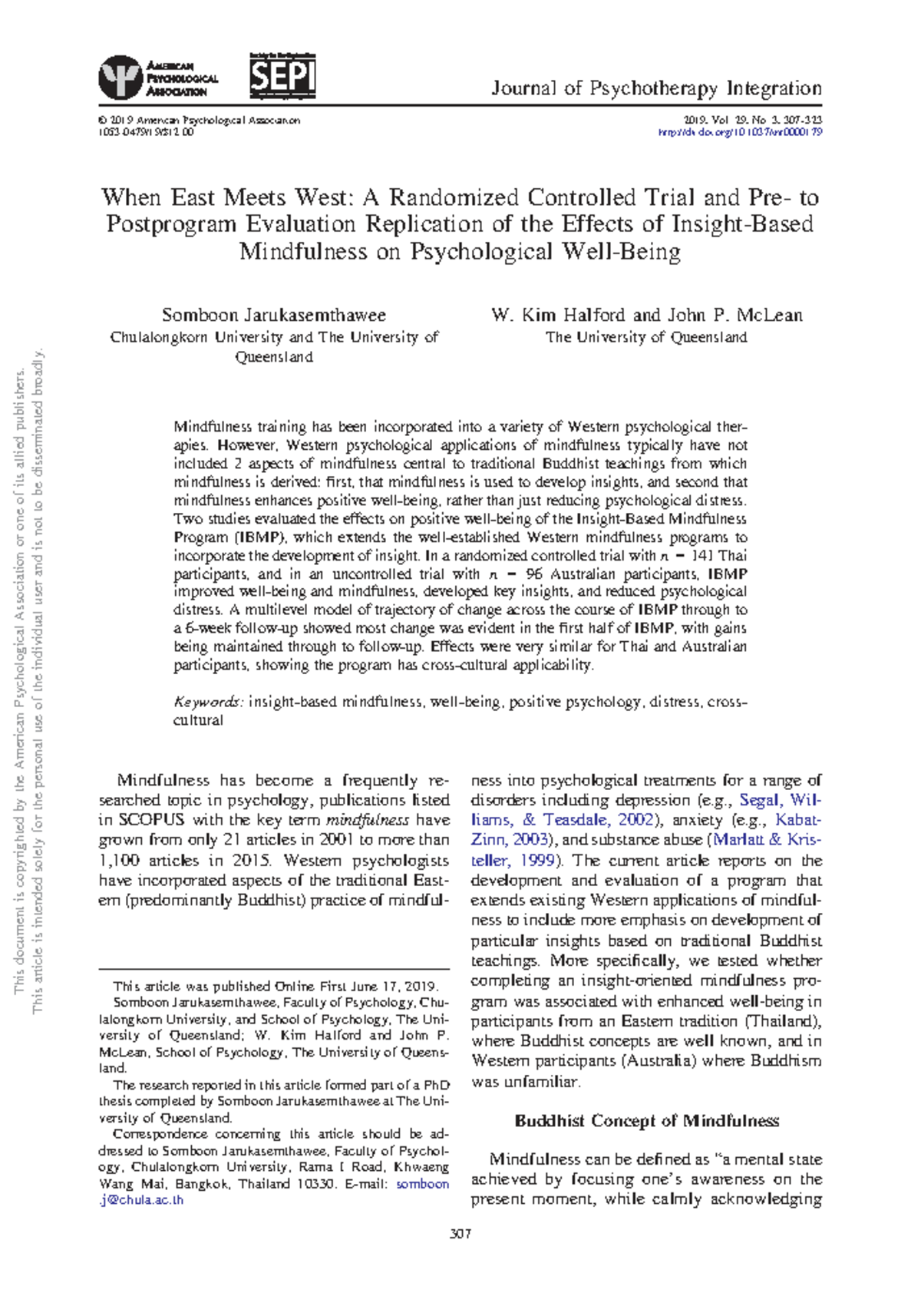 Insight-Based Mindfulness Program (IBMP): Effects on Well-Being ...