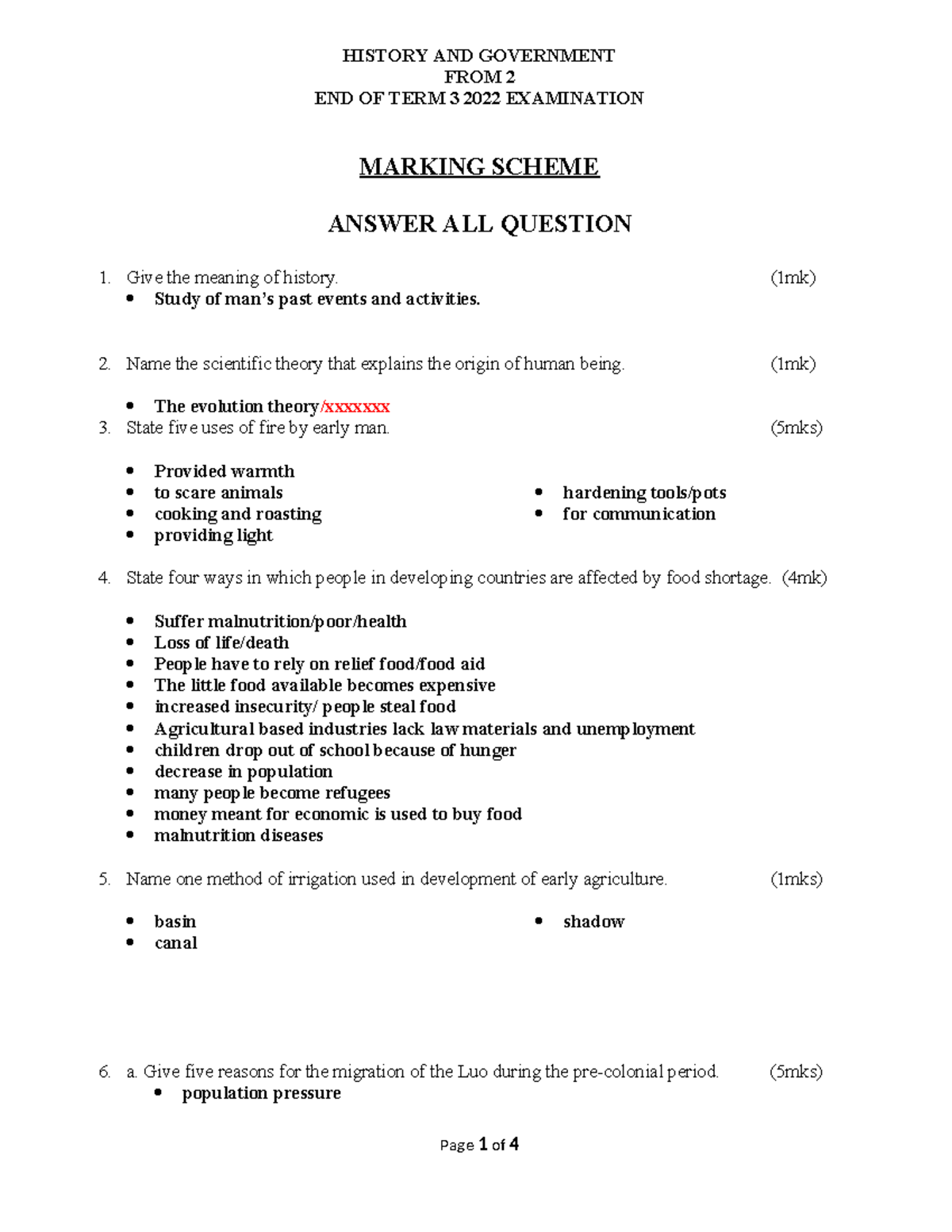 HIST 2 End of Term 3 2022 Examination Marking Scheme - Studeersnel