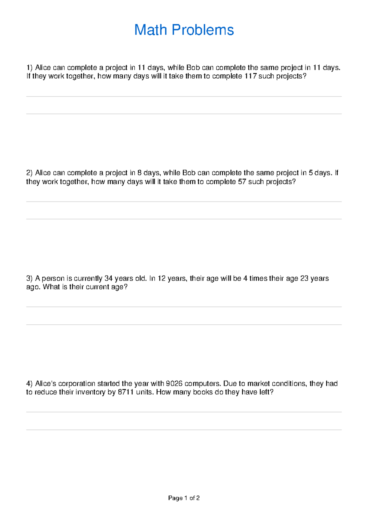 MATH 101: Word Problems Review and Solutions - Studocu