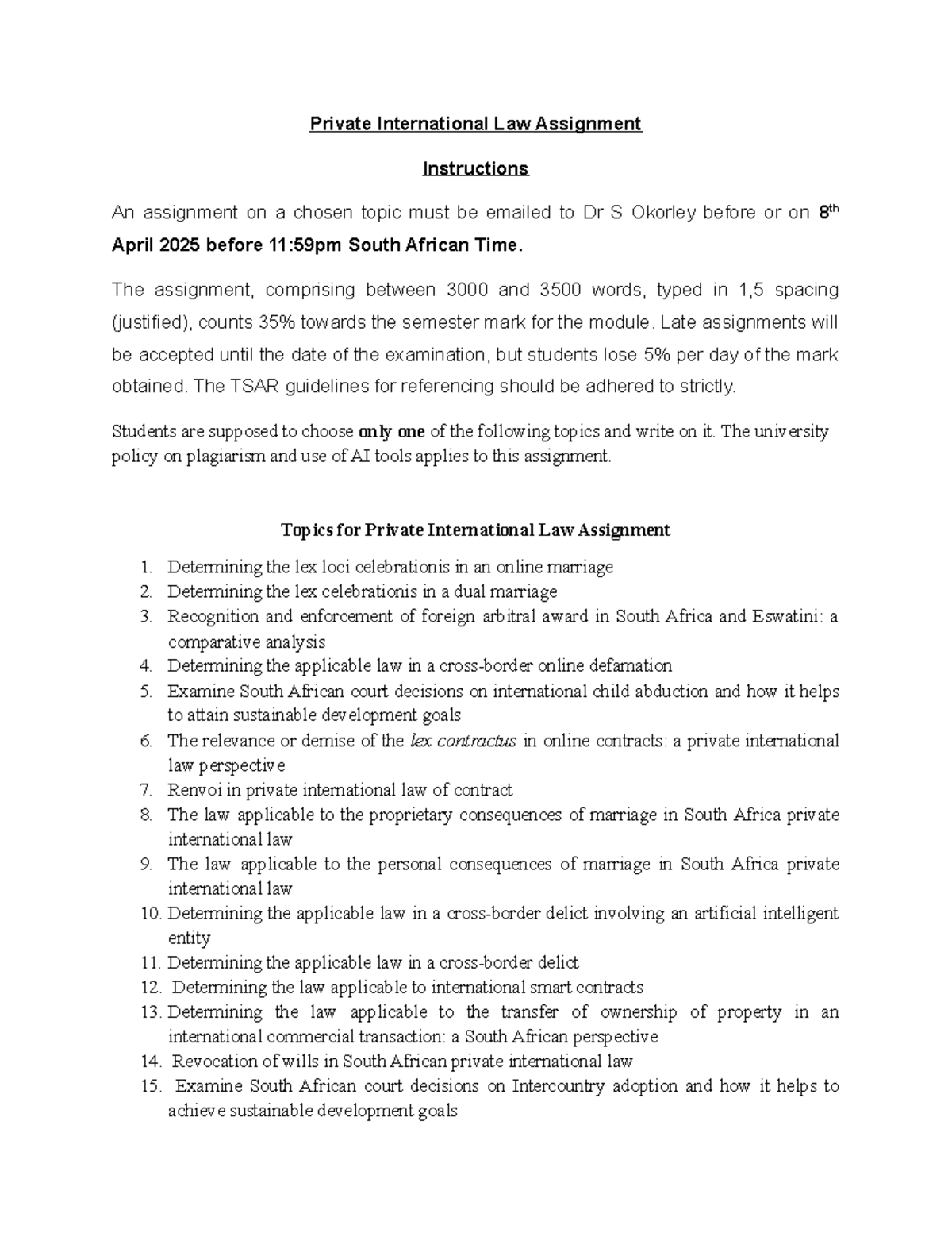 PIL Assignment: Topics and Guidelines for Private International Law - Studocu