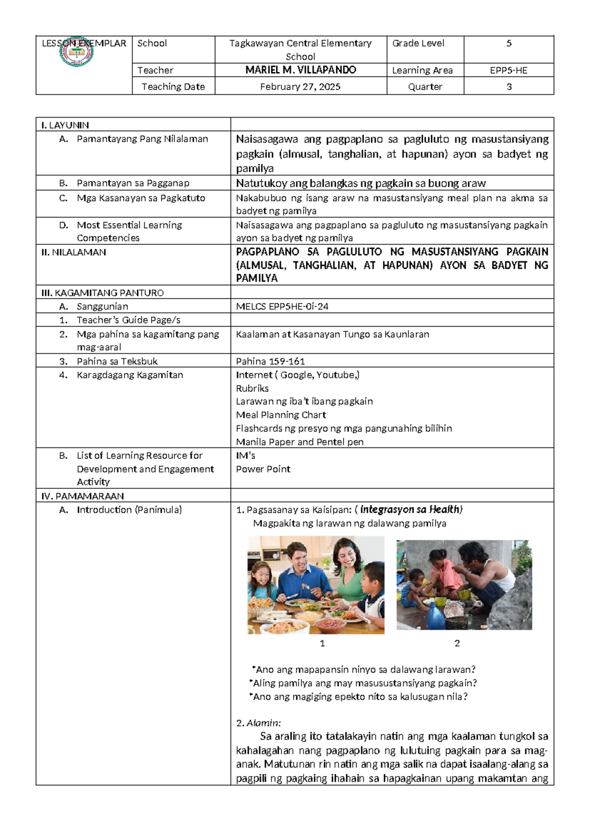 CO1 EPP5-HE Pagpaplano ng Masustansiyang Pagkain para sa Pamilya - Studocu