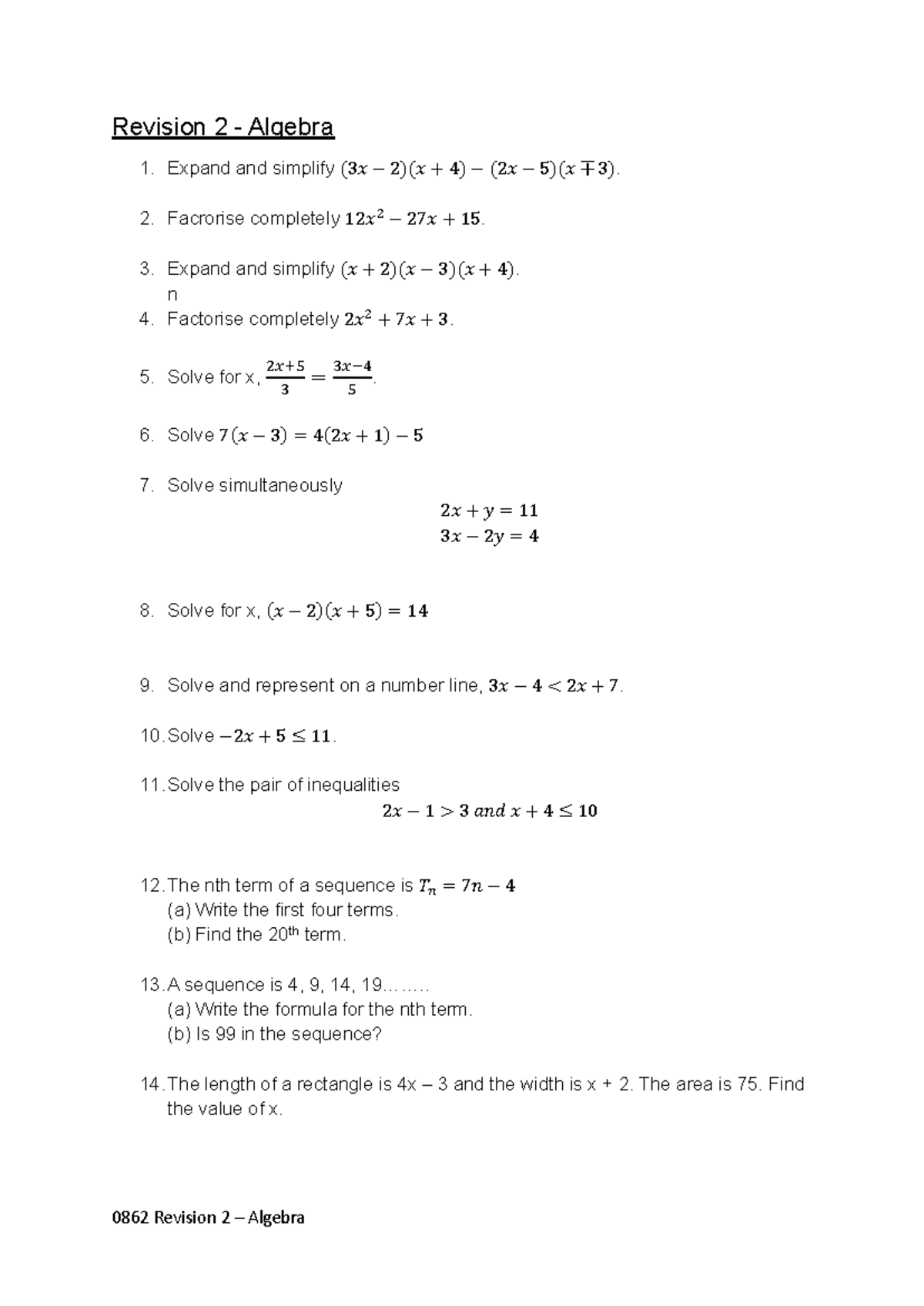 Revision 2 Algebra 1: Expansion, Factorization & Equations - Studocu