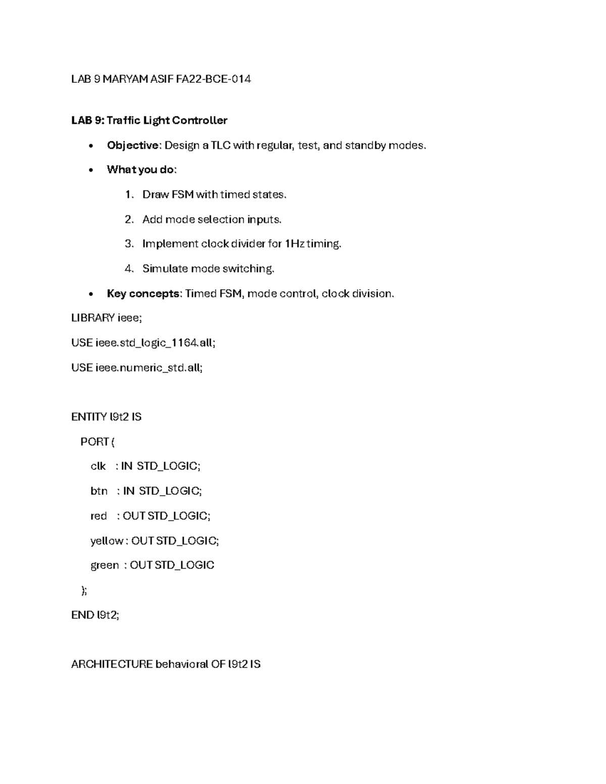 LAB 9: Traffic Light Controller Design Notes - Studocu