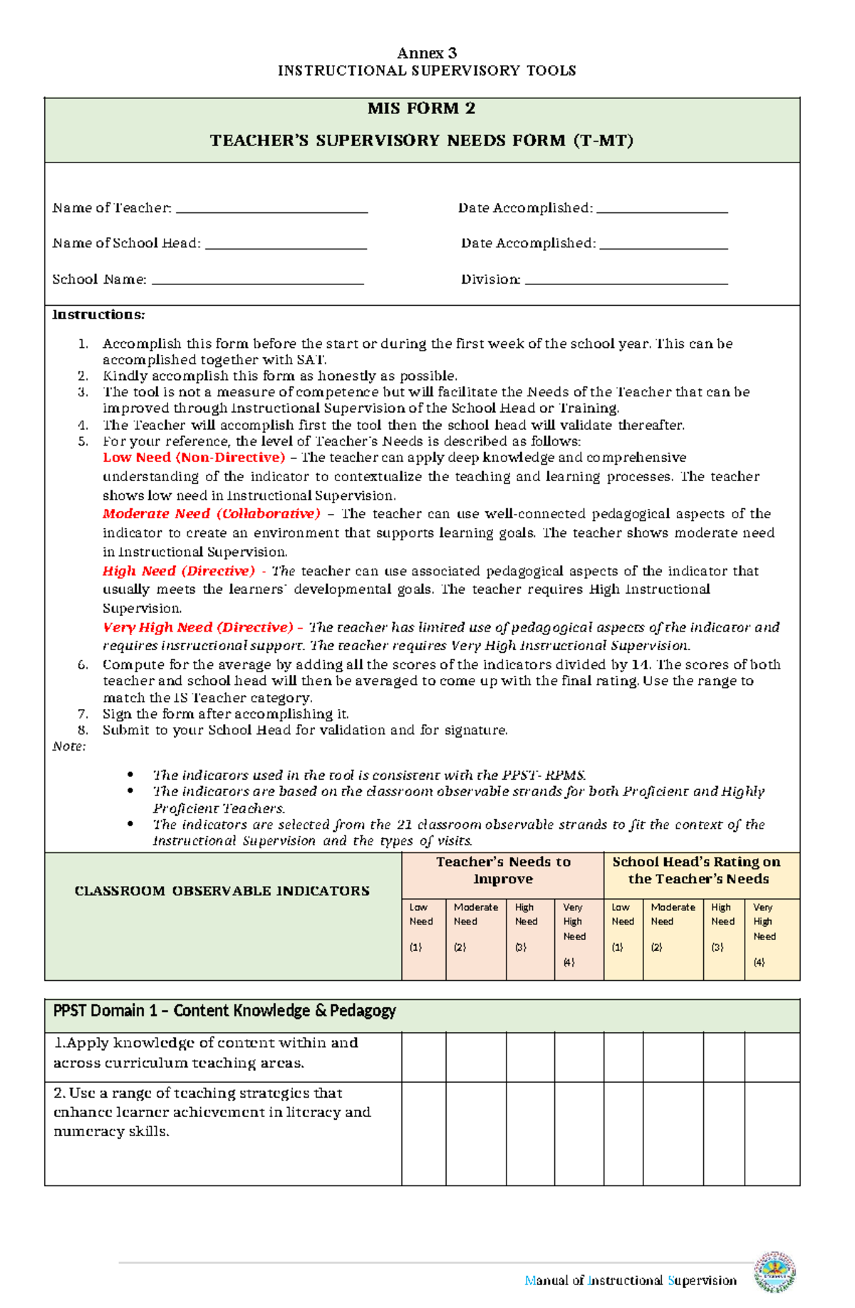 Annex 3 MIS FORM 2 Teachers Supervisory Needs FORM - Manual of ...