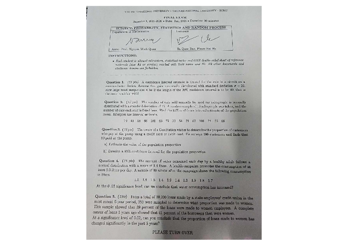 Probability, Statistics and Random Process 2025-2026 Final Exam - Studocu