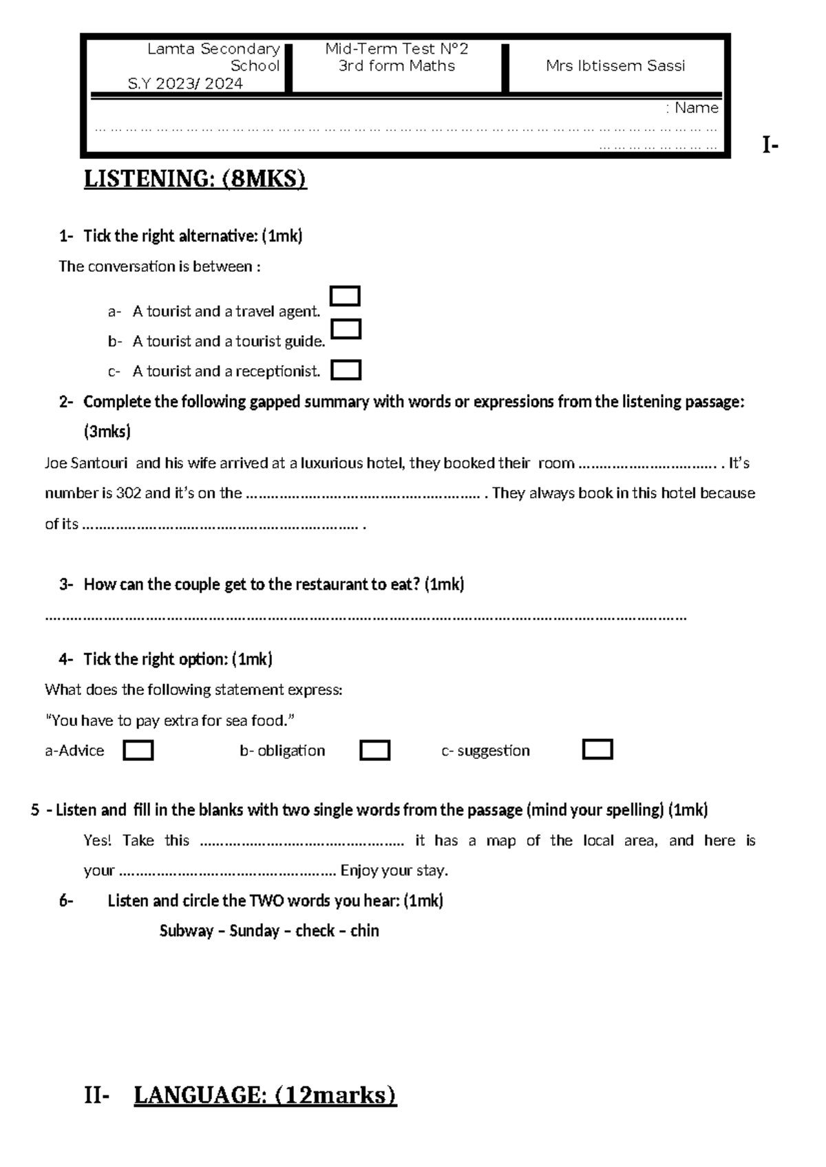 3rd Form Maths Test - Listening Exercise (S.Y 2024) - Studocu