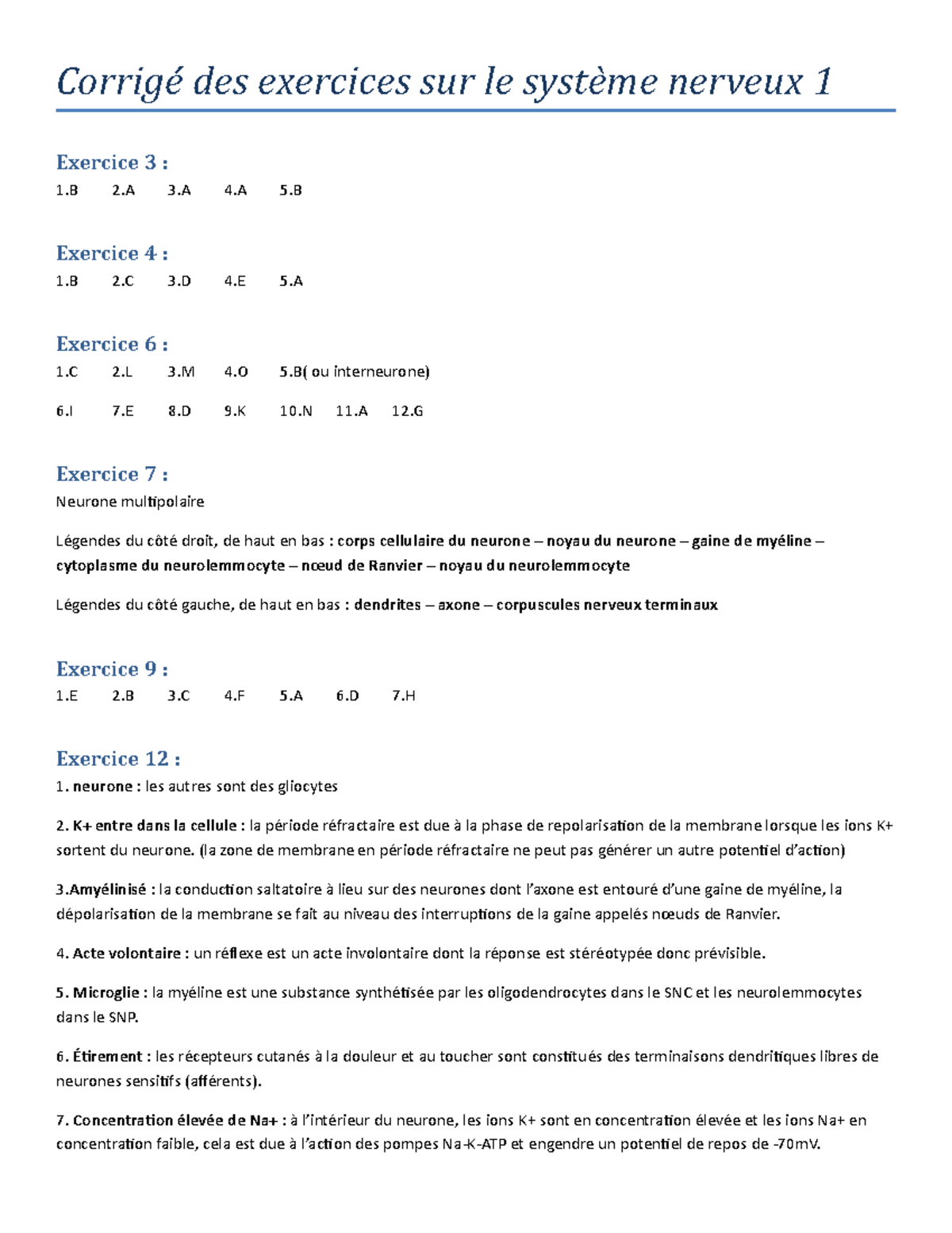 Corrigé des exercices sur le système nerveux 1 - Notes détaillées - Studocu