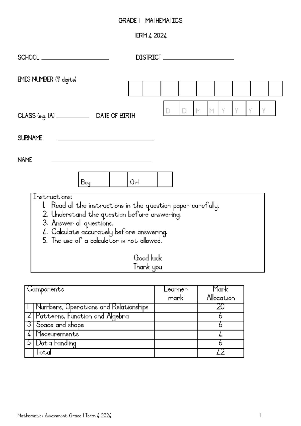 GRADE I MATHEMATICS TERM 4 ASSESSMENT 2024 - Studocu
