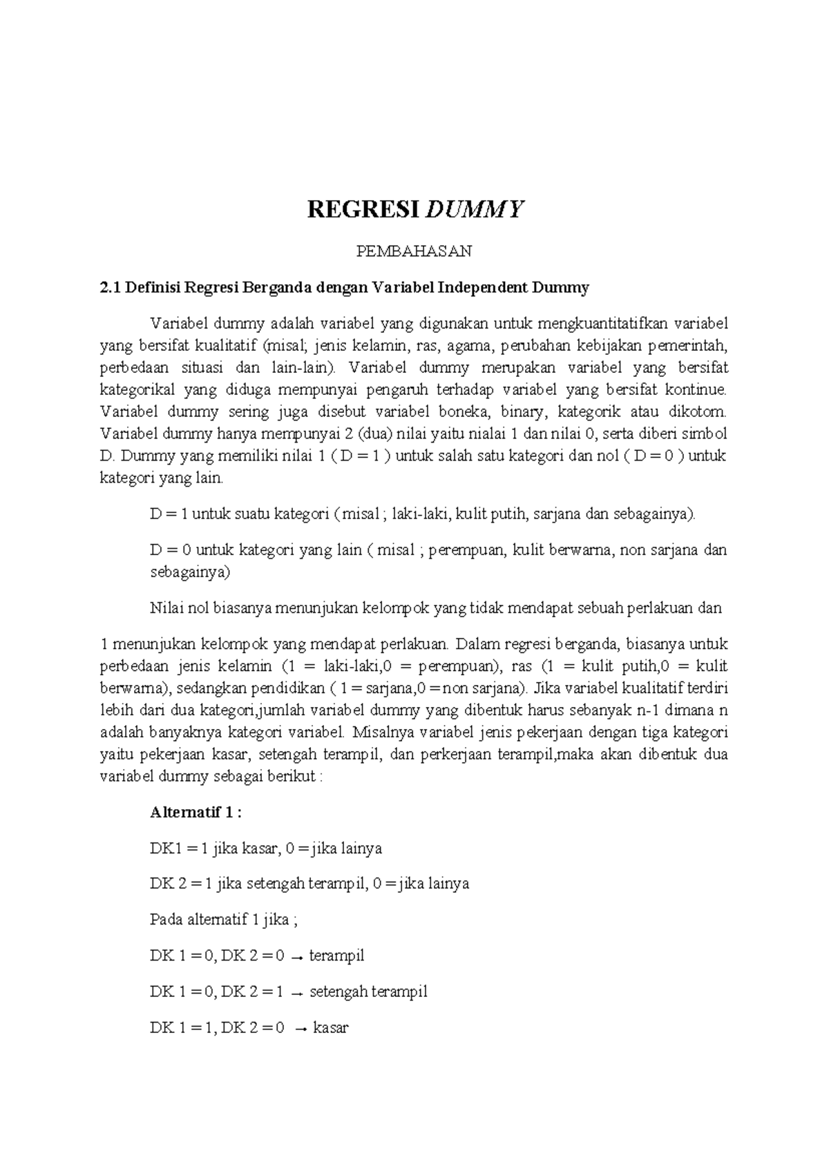 Analisis Regresi Berganda dengan Variabel Dummy (REG 101) - Studocu