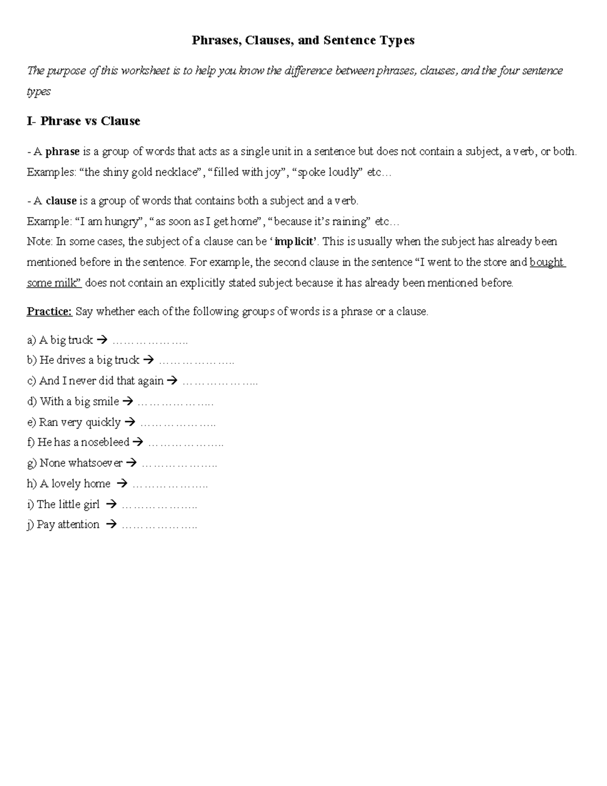 Phrases, Clauses, and Sentence Types Worksheet - Studocu