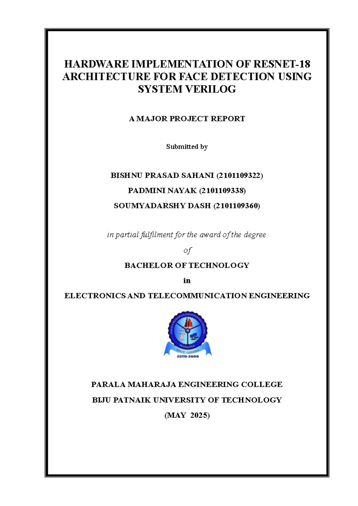 B.Tech Project Report: Hardware Implementation of Face Detection ...