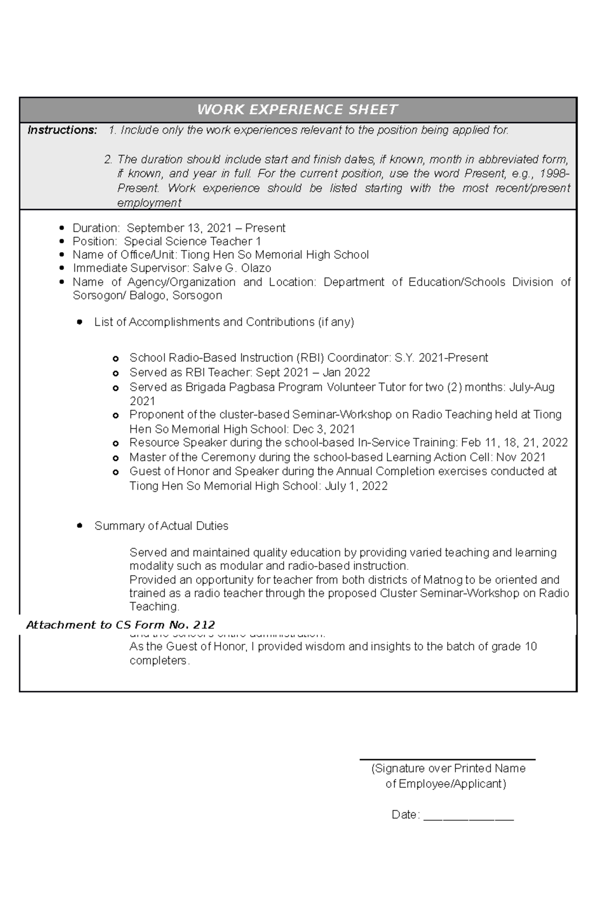 WORK Experience Sheet - WORK EXPERIENCE SHEET Instructions: 1. Include ...