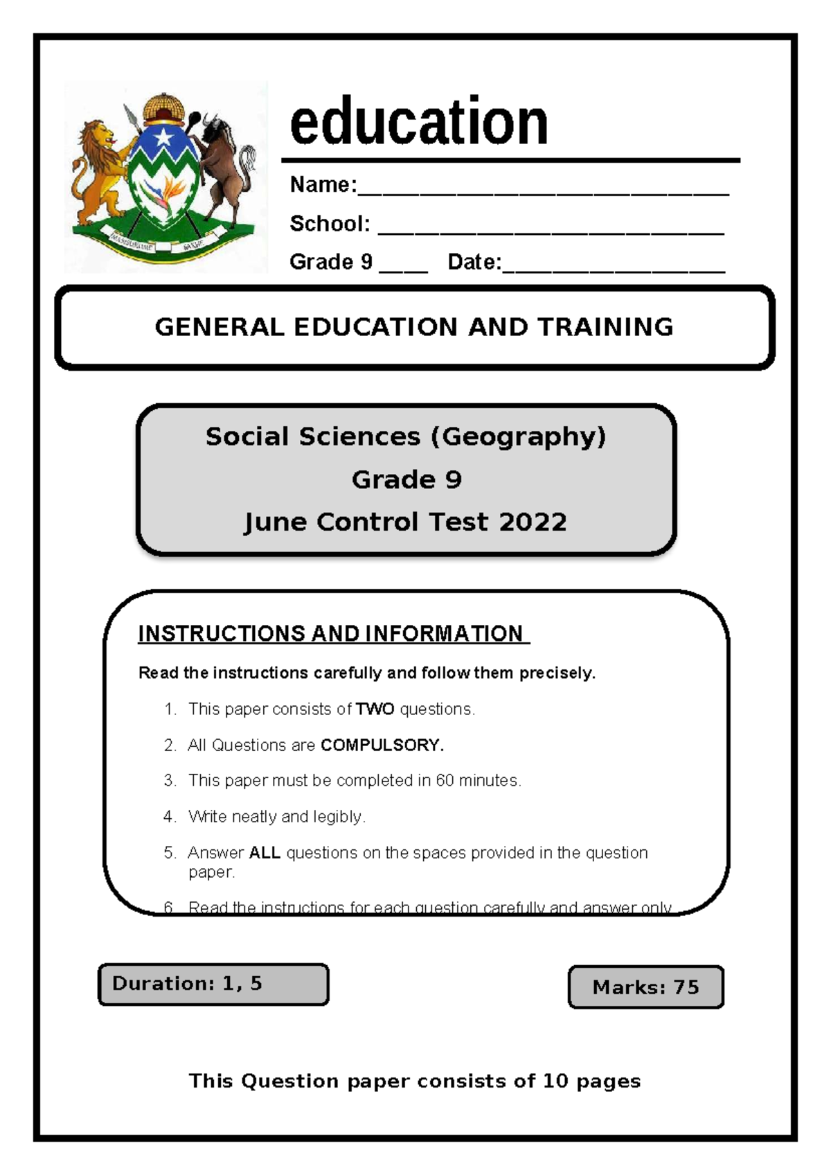 Grade 9 Social Sciences Geography June Control Test 2022 Paper - Studocu