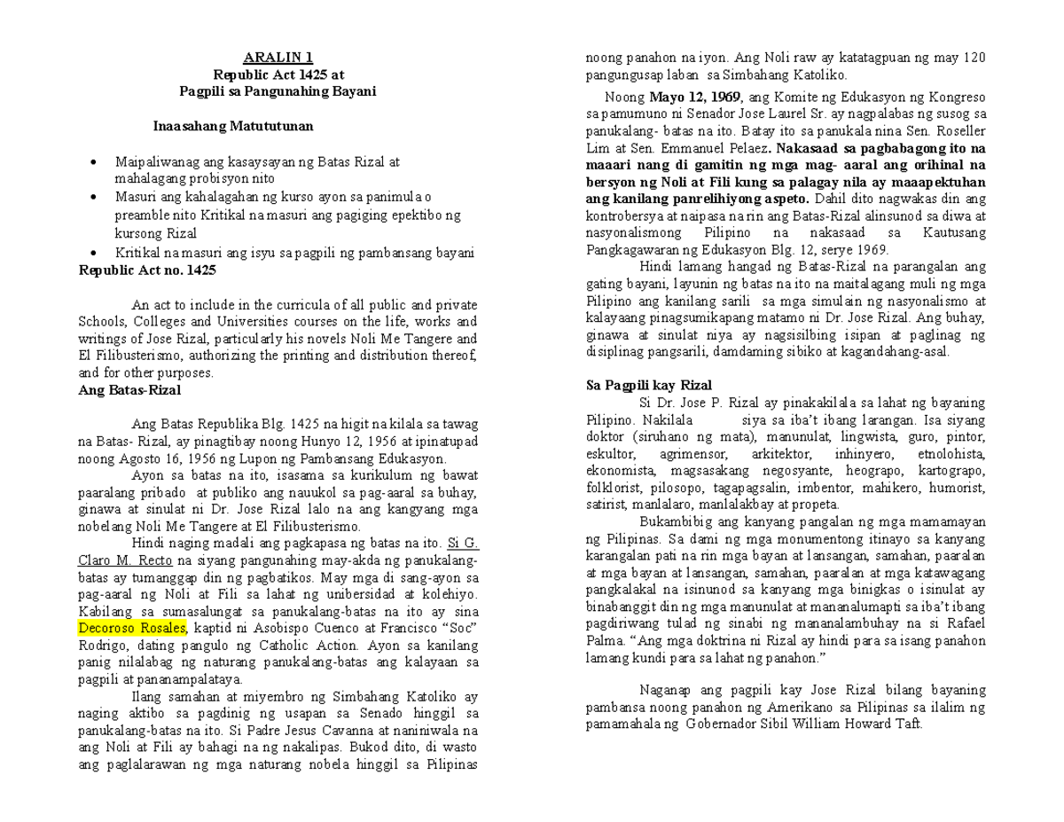 ARALIN 1 at 2: Batas Rizal at Pagpili ng Pambansang Bayani - Studocu