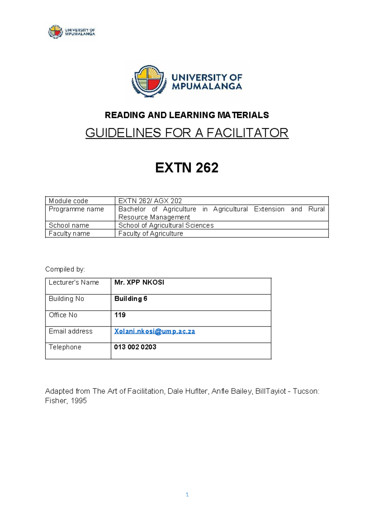 EXTN 262 Guidelines for Facilitators: Reading & Learning Materials ...