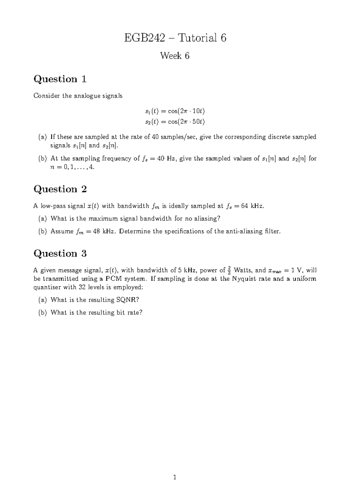 EGB242 - Tutorial 6 - Week 6: Signal Sampling & PCM Analysis - Studocu