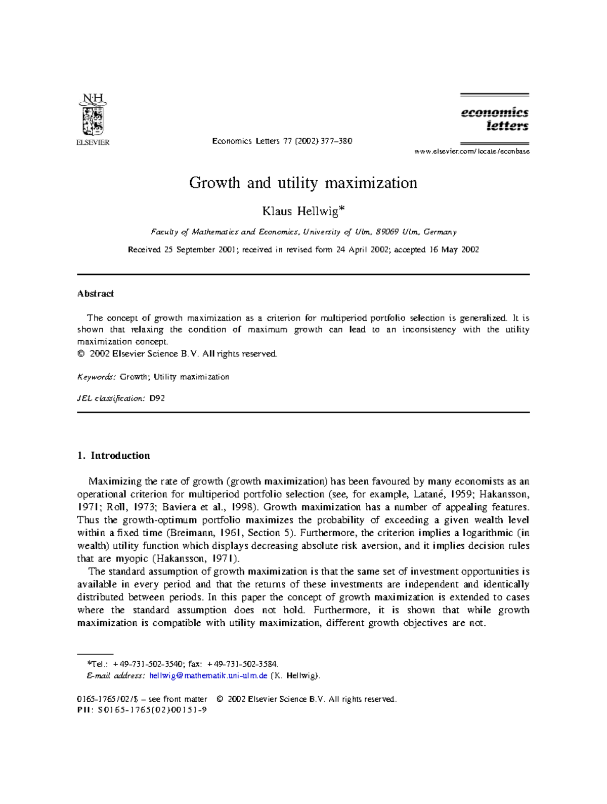 Growth Maximization and Utility Maximization in Portfolio Selection ...