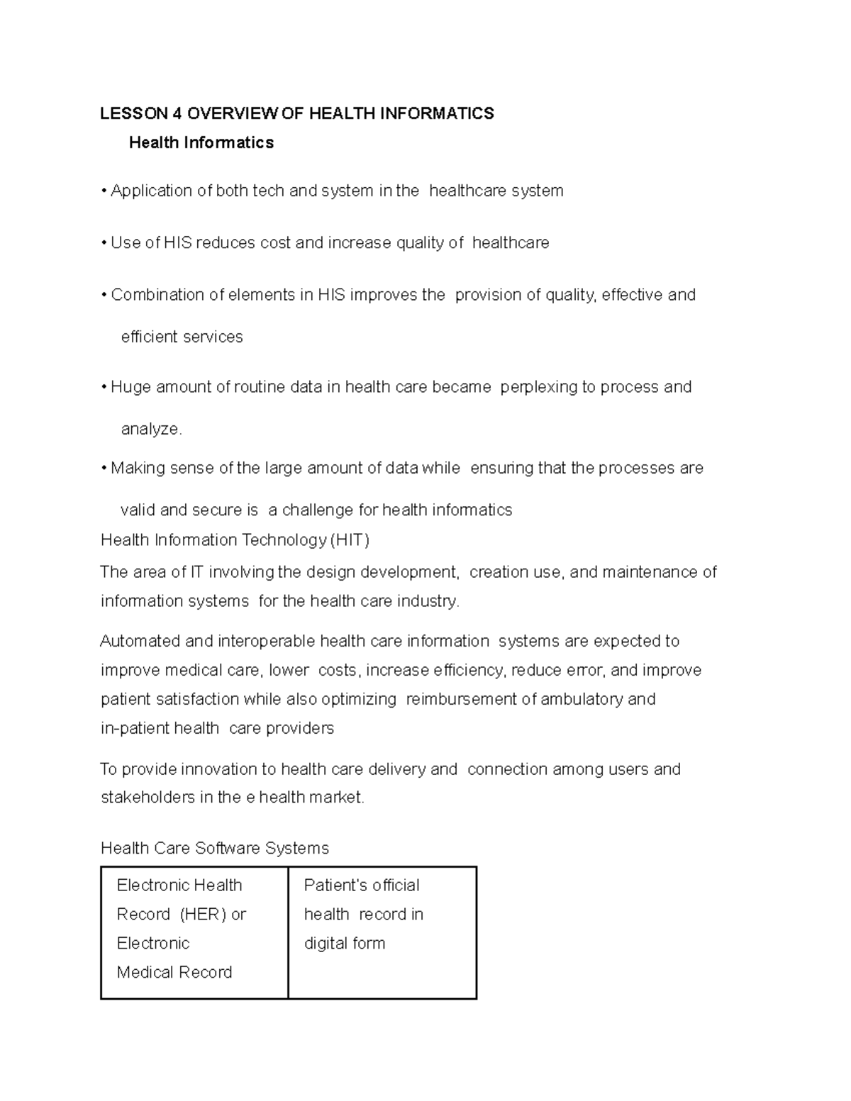 Lesson 4 Overview OF Health Informatics - LESSON 4 OVERVIEW OF HEALTH ...