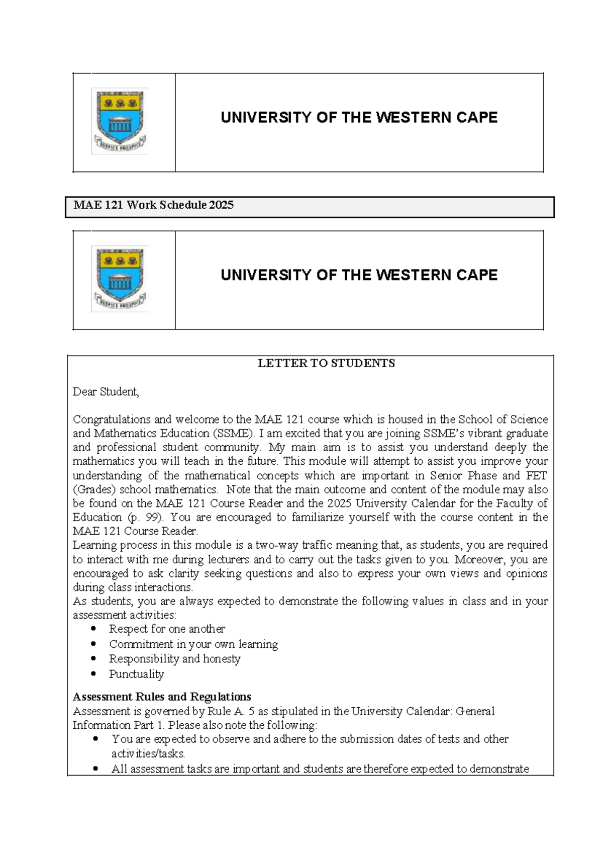 MAE 121 Work Schedule 2025: Course Overview and Assessment Plan - Studocu
