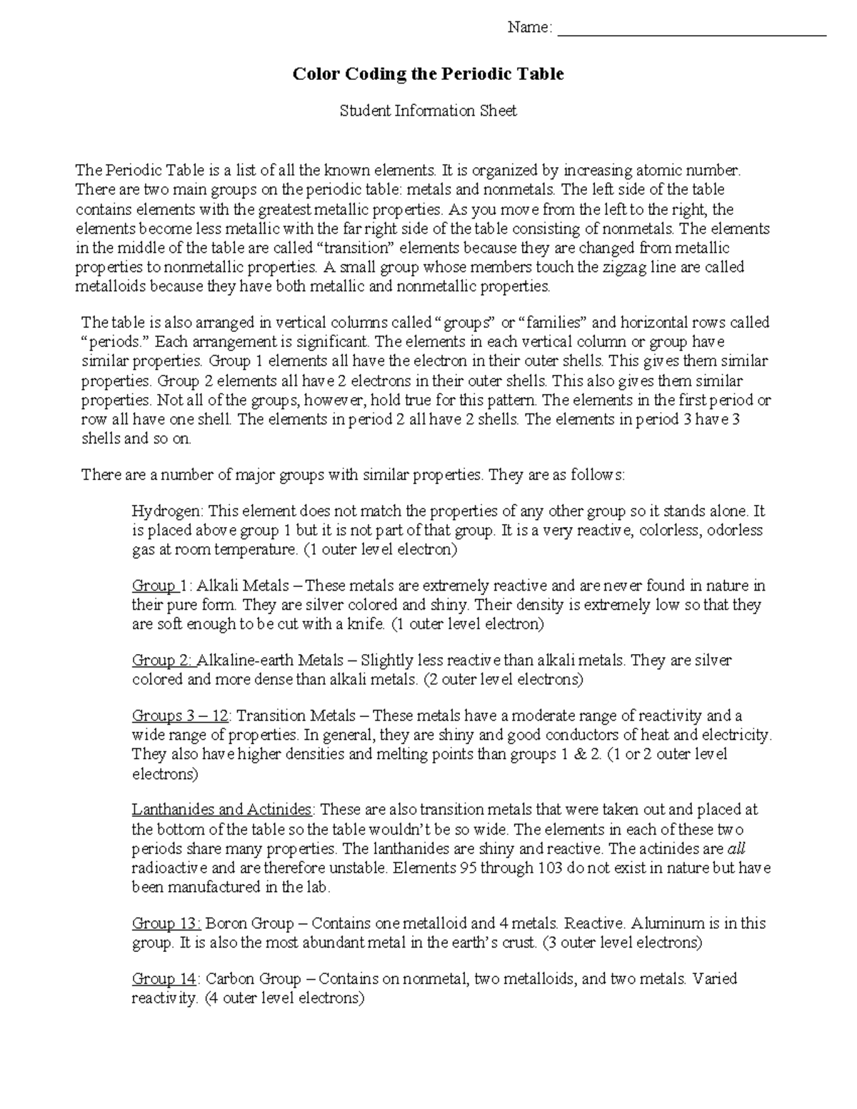 Color Coding the Periodic Table: BLM Answer Key & Worksheet - Studocu
