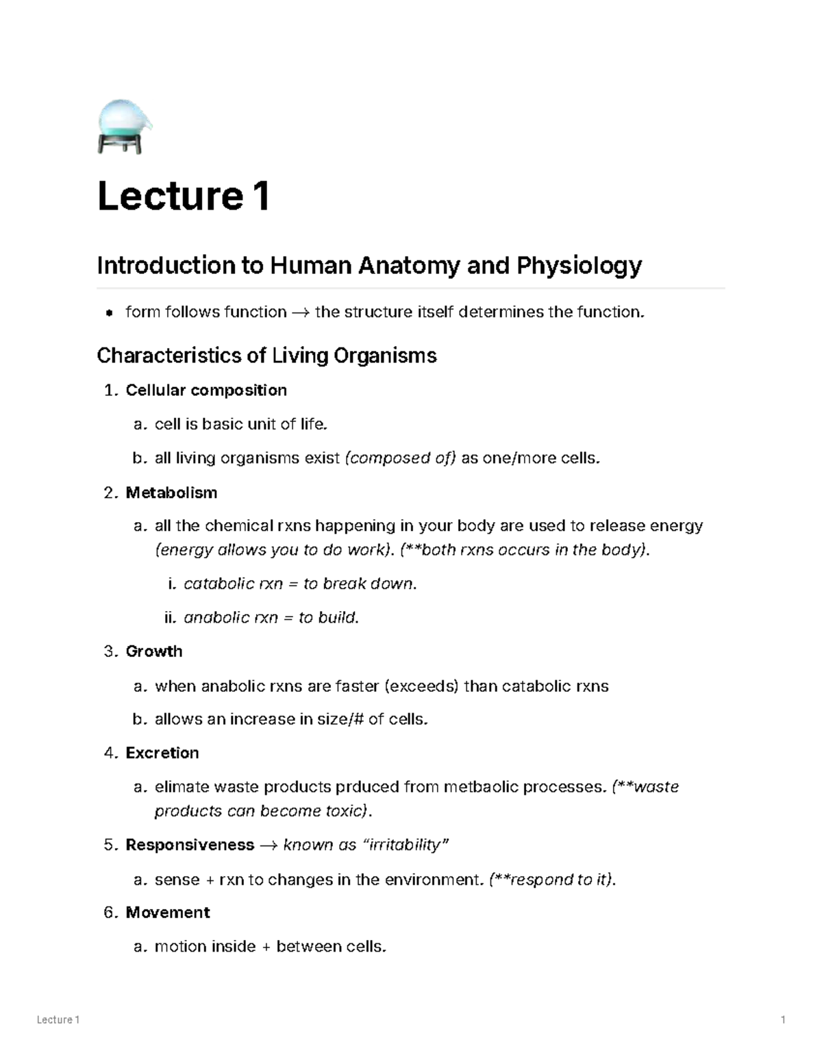 Lecture 1 Notes: Intro to Human Anatomy & Physiology - Studocu