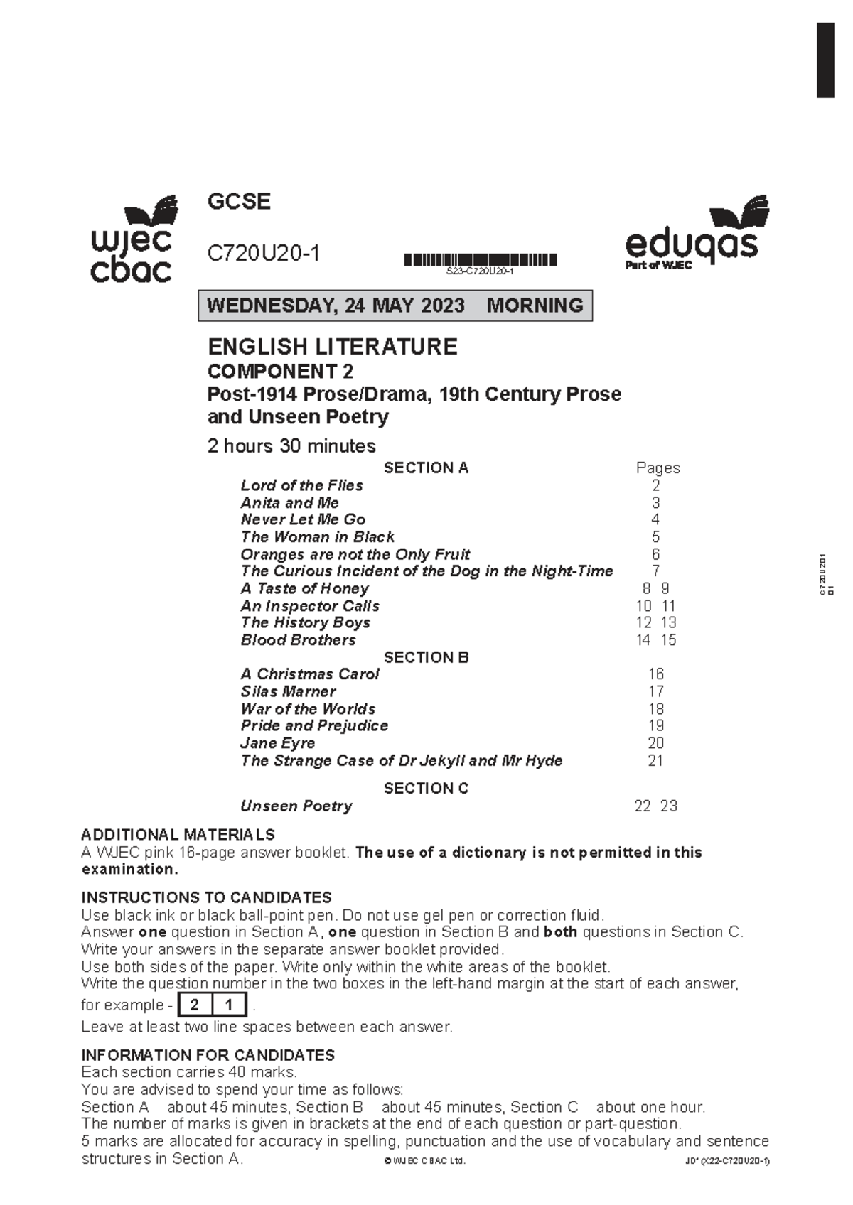 GCSE English Literature Exam: Component 2 - 19th Century Prose & Poetry ...