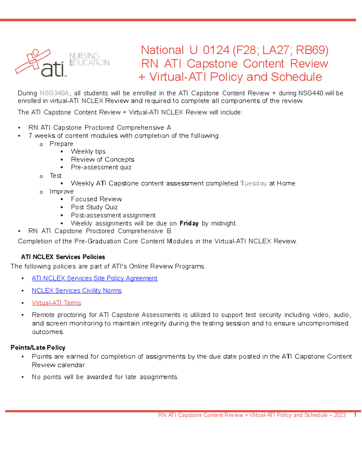 RN ATI Capstone Content Review + Virtual-ATI Policy & Schedule F28 LA27 ...