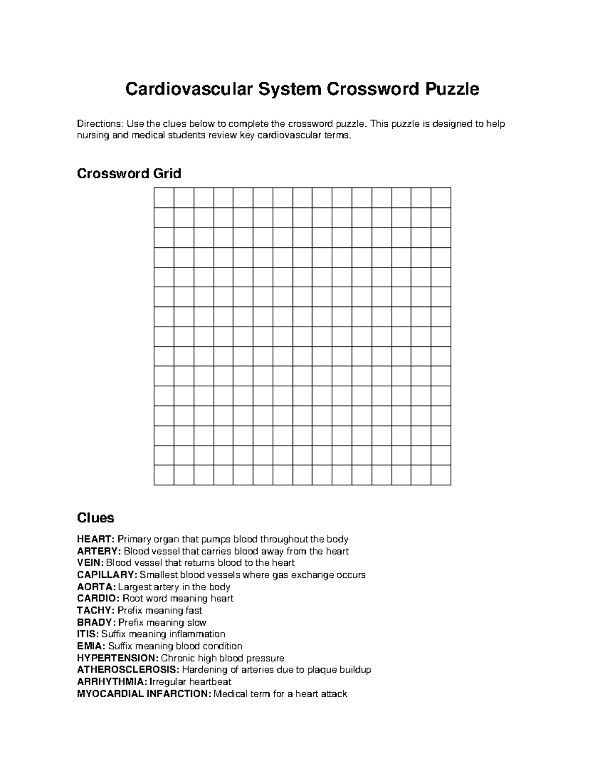 Cardiovascular System Crossword Puzzle for Nursing Students - Studocu