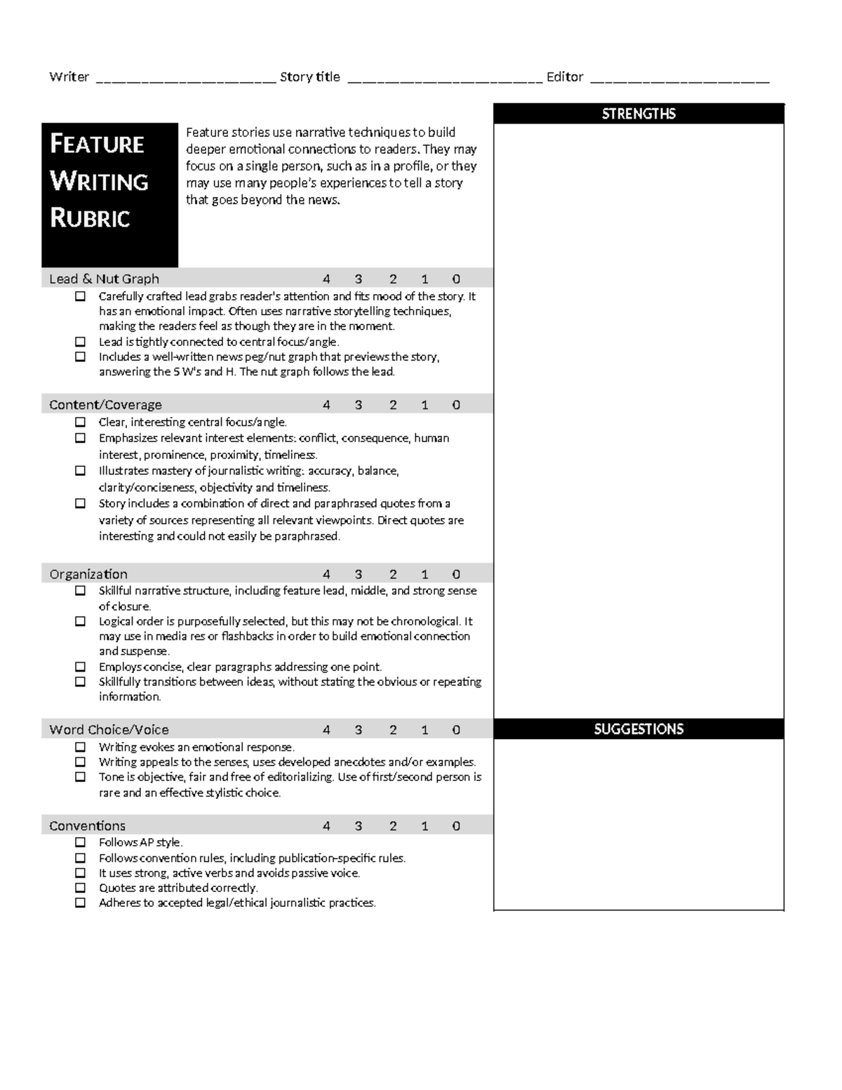 Feature Writing Rubric: Evaluating Narrative Techniques and Impact ...