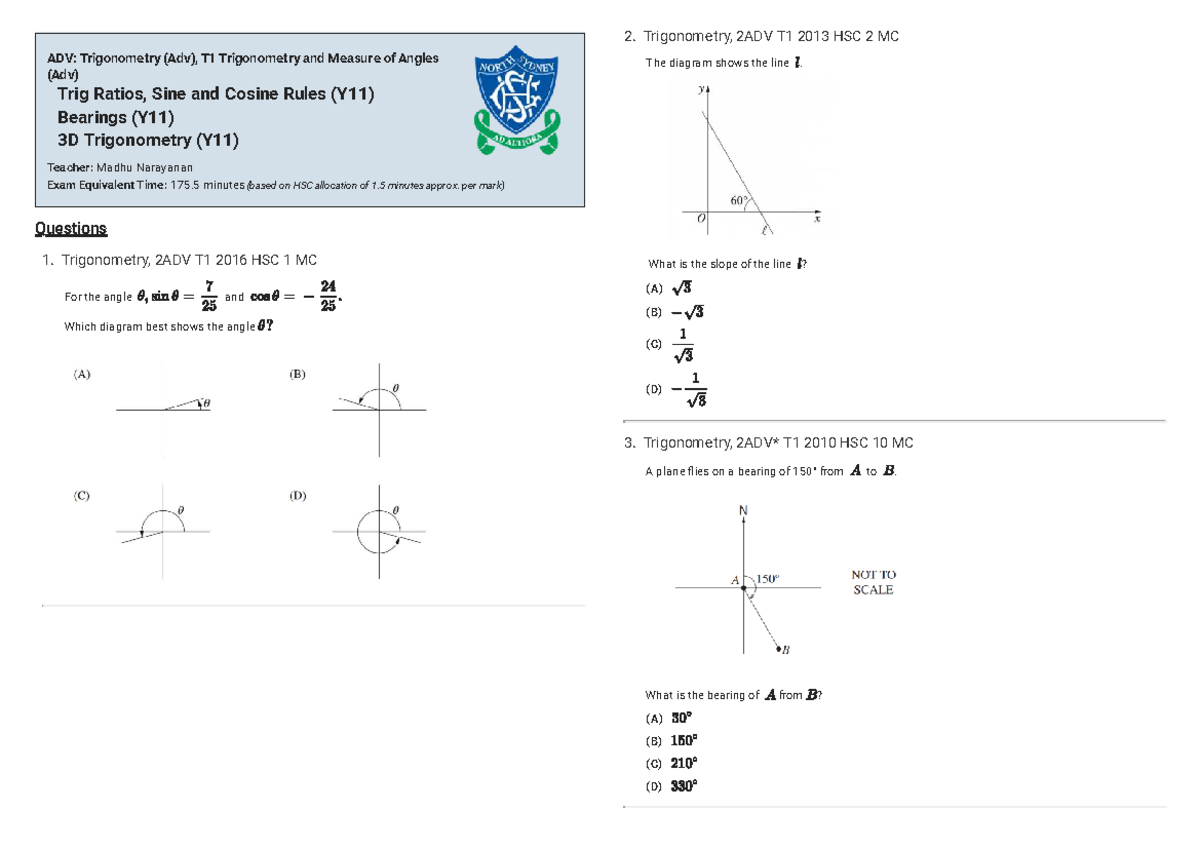 Trigonometry 2ADV T1 2013 HSC: Comprehensive Study Guide Part 1 - Studocu