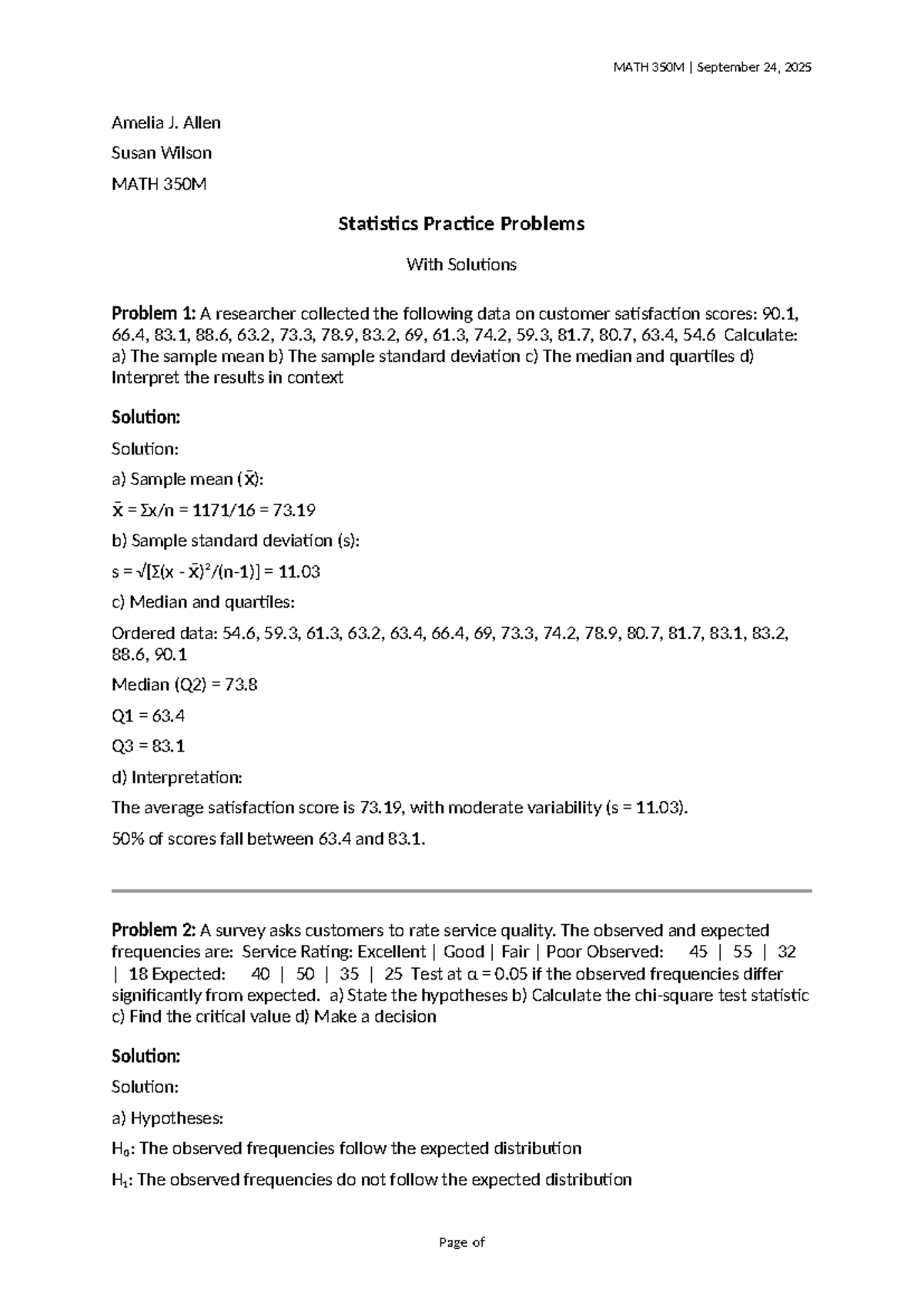 MATH 350M Statistics Practice Problems & Solutions - Studocu