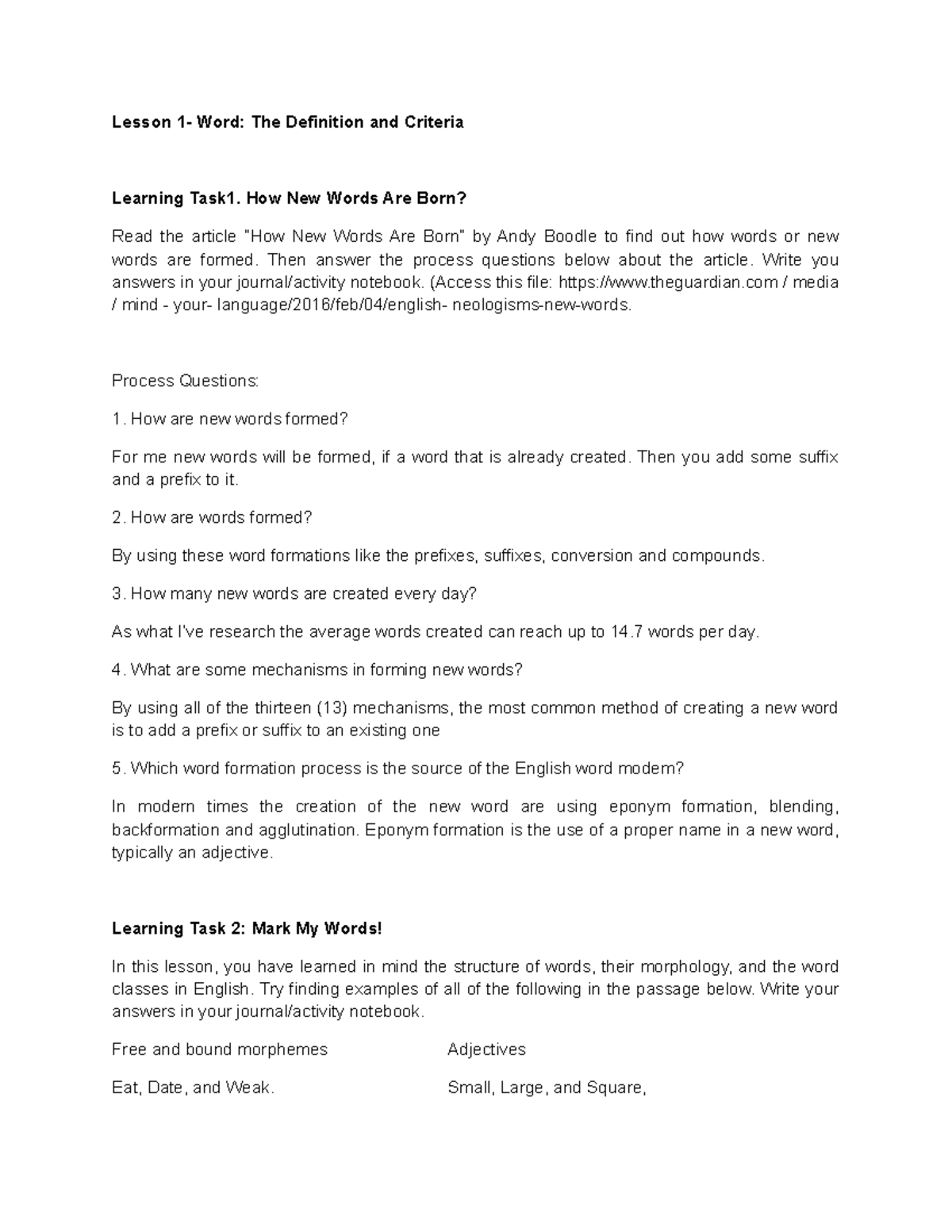 LING-3-CLP - Lesson on Word Formation and Grammar Skills - Studocu