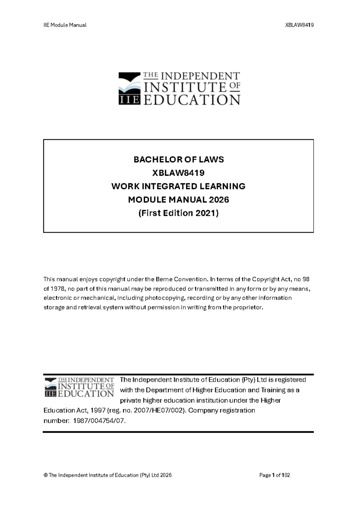 IIE Module Manual XBLAW8419: Work Integrated Learning Guide 2026 - Studocu