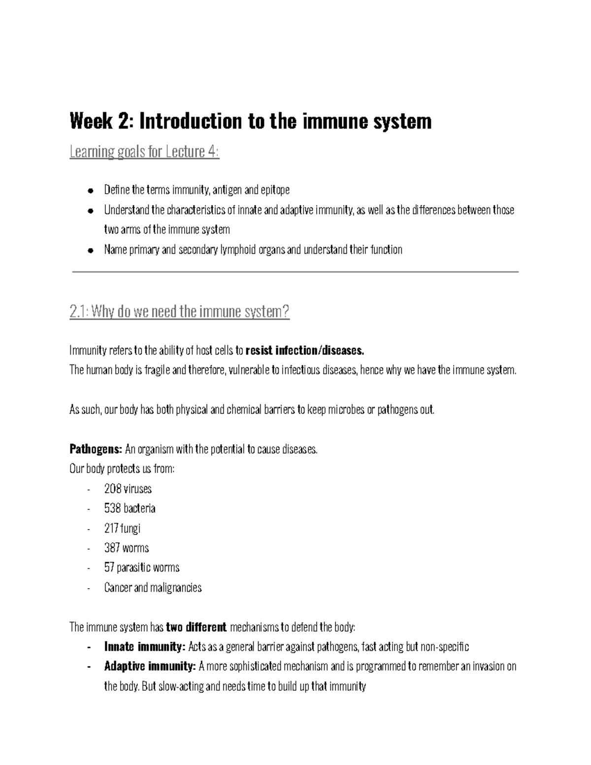 Week 2 Introduction to the immune system - Week 2: Introduction to the ...
