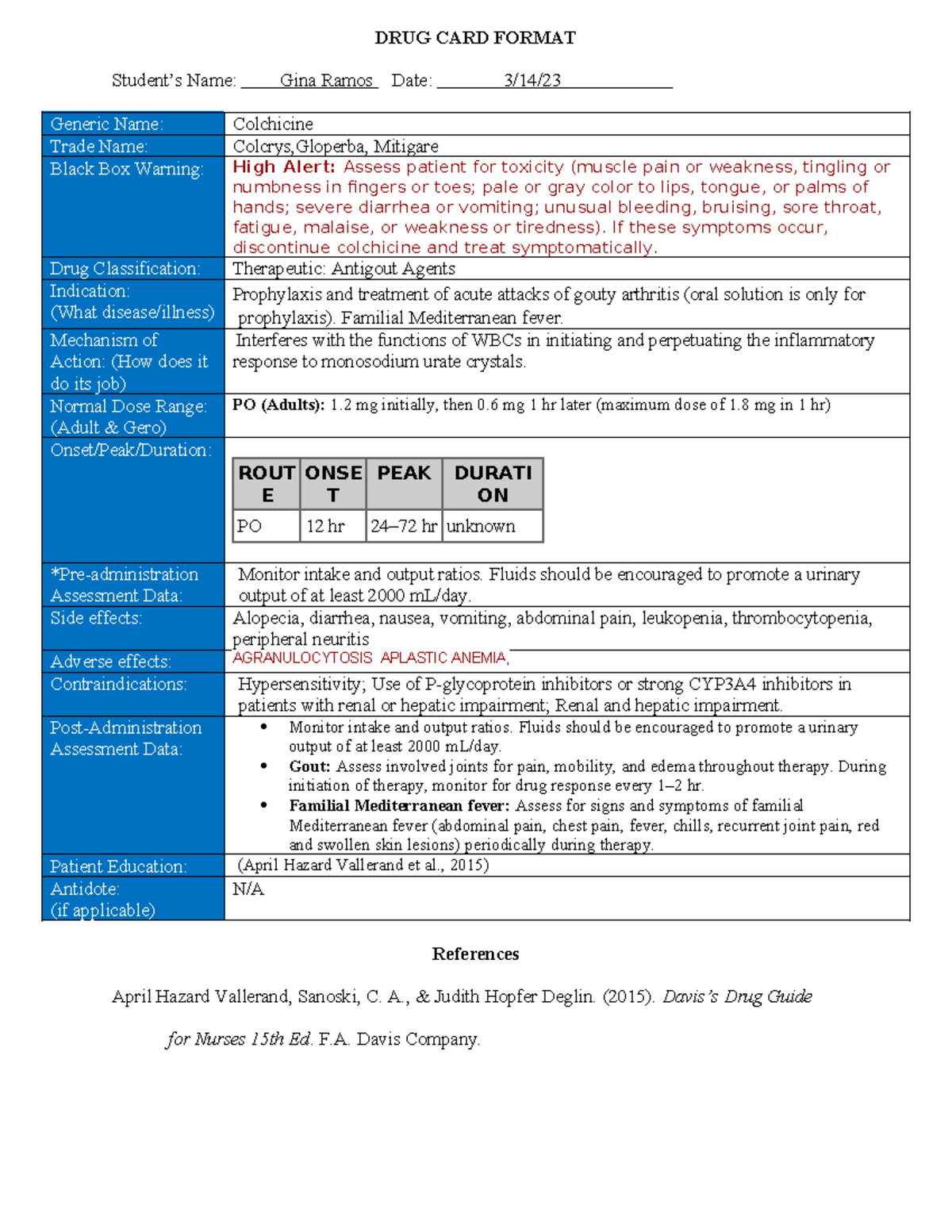 Colchicine Drug Card (Antigout Agents) - Study Notes for Nursing 101 ...