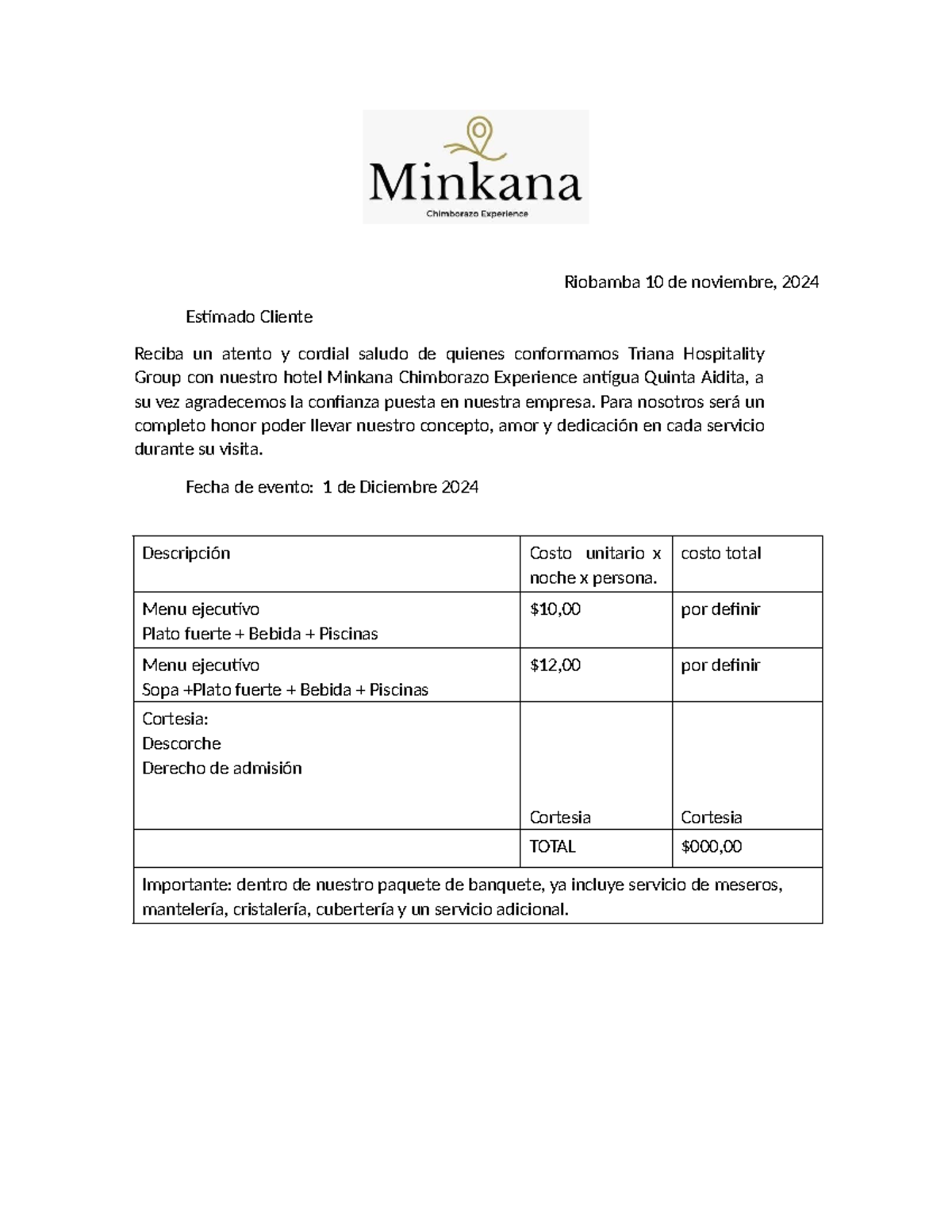 Cotizacion Estimado Cliente - Riobamba 10 de noviembre, 2024 Estimado ...