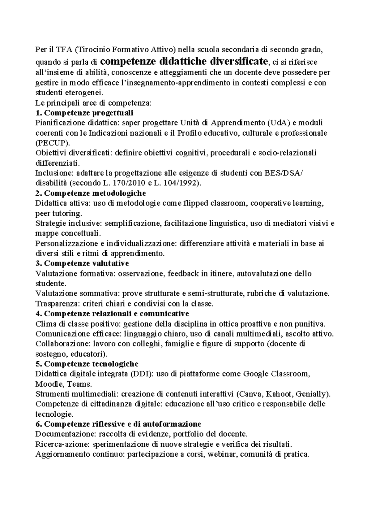 Prova Orale TFA: Competenze Didattiche e Inclusione nella Scuola Secondaria - Studocu