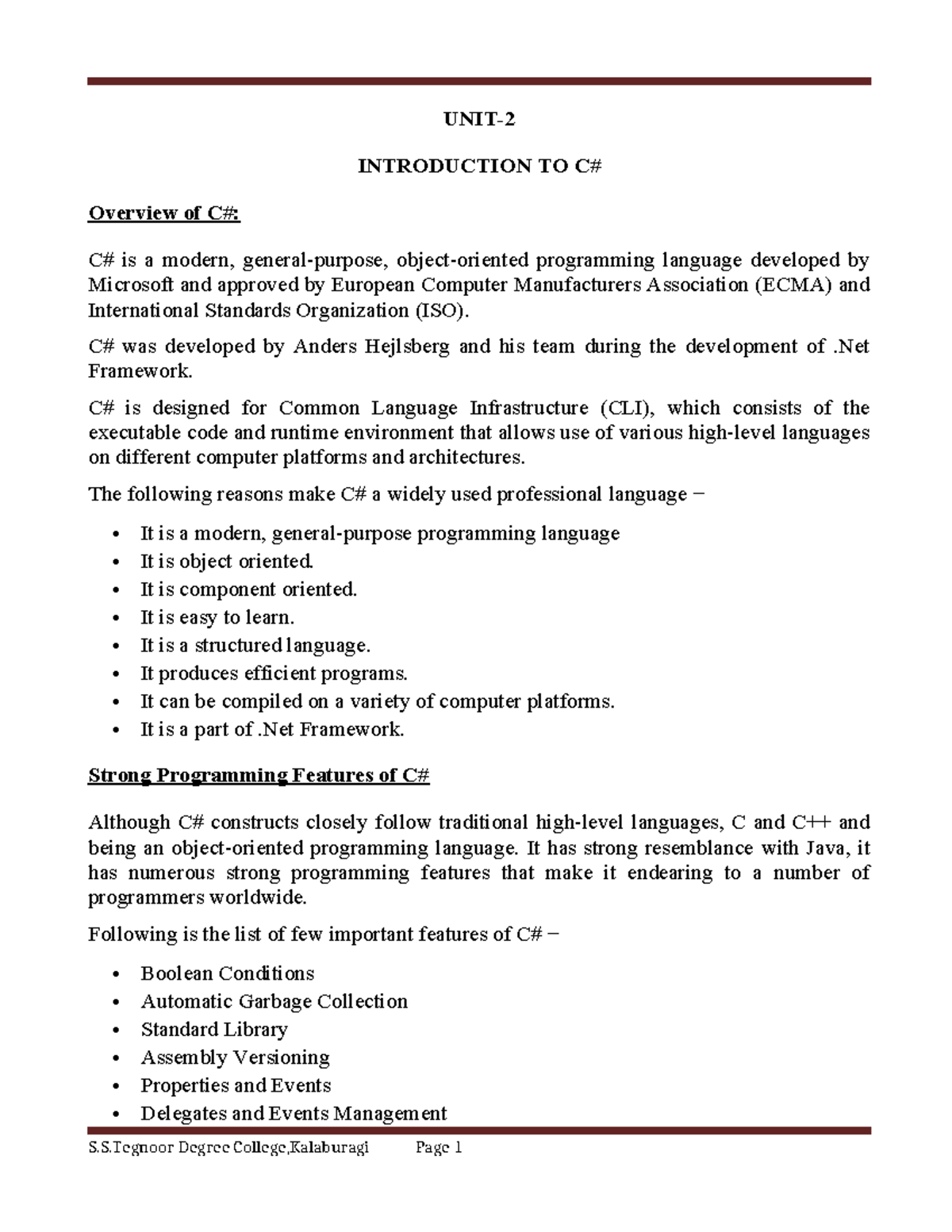 UNIT-2 - Notes of c# - UNIT- INTRODUCTION TO C# Overview of C#: C# is a ...