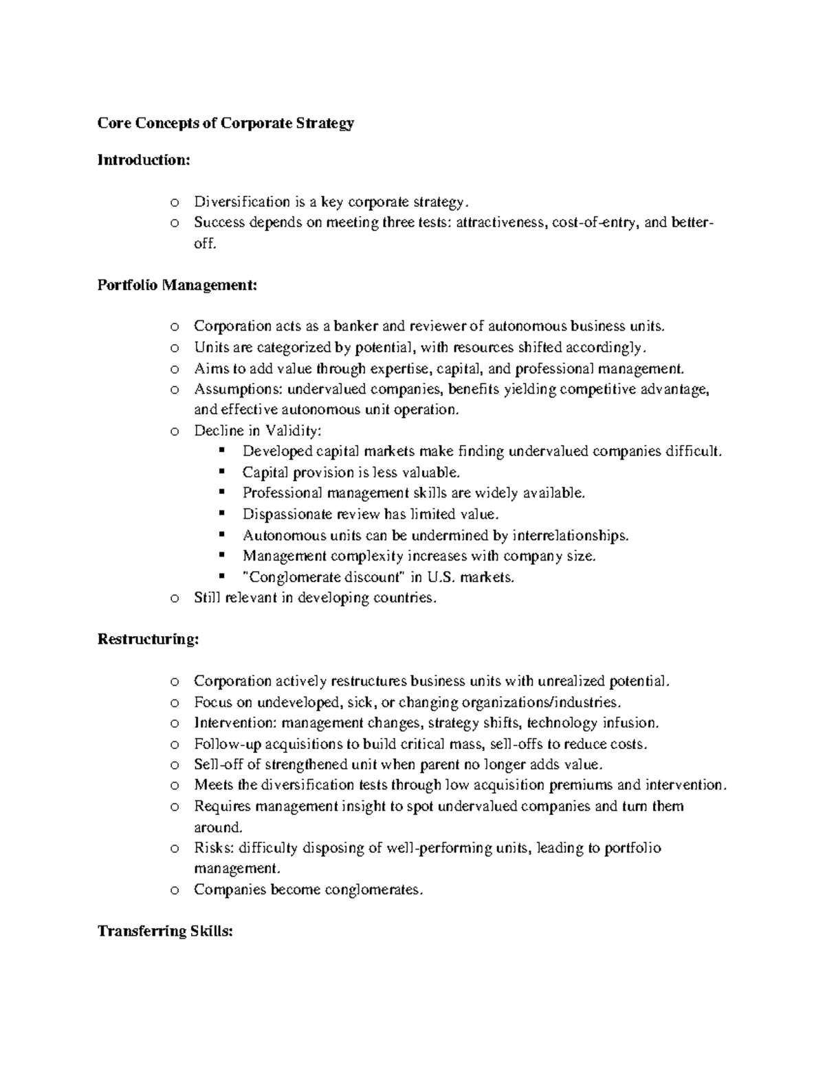 Reading Notes - Core Concepts of Corporate Strategy Introduction: o ...
