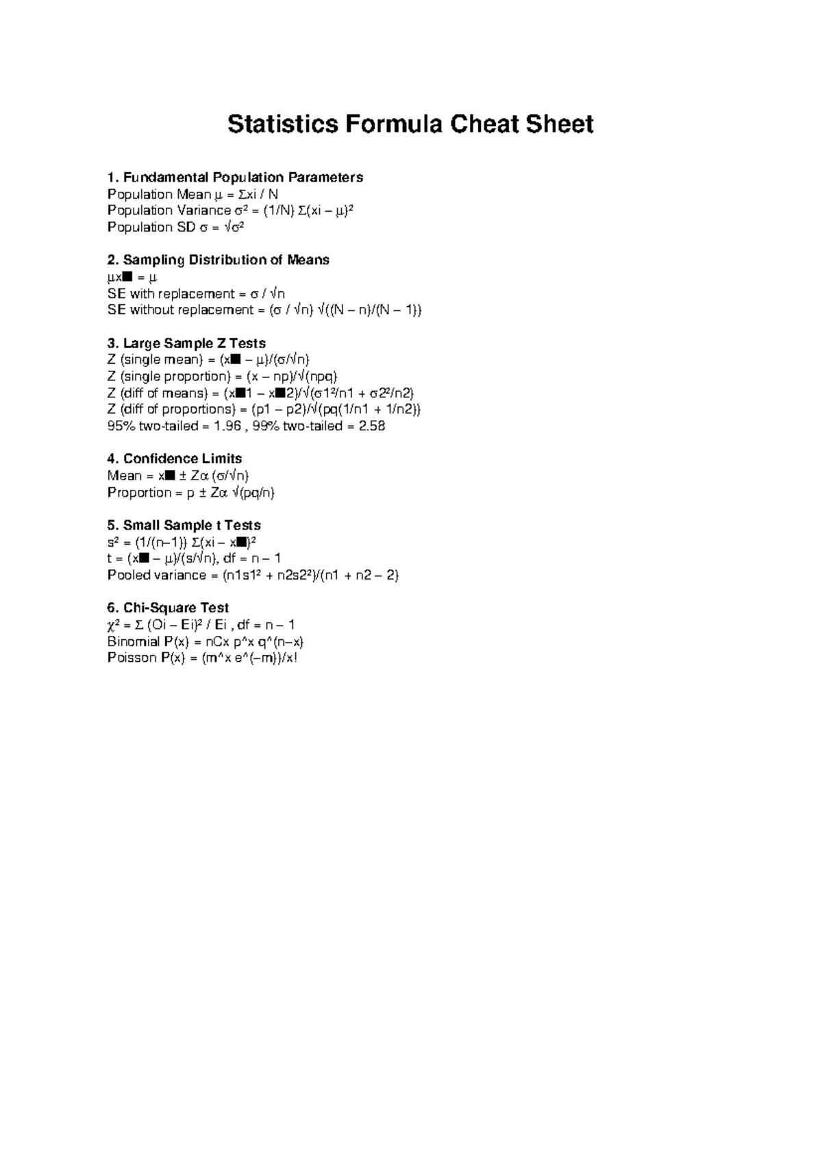 Statistics Cheat Sheet: Key Formulas and Concepts - Studocu