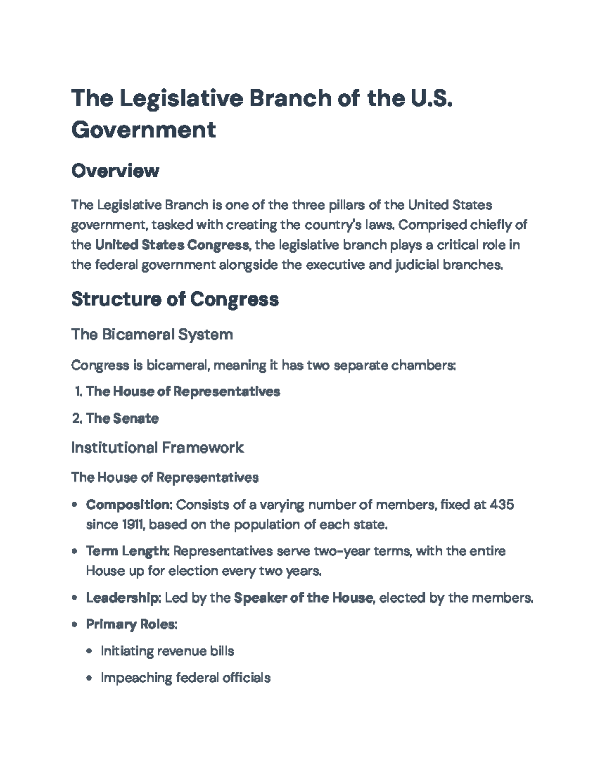 An Overview of the U.S. Legislative Branch: Structure & Functions - Studocu