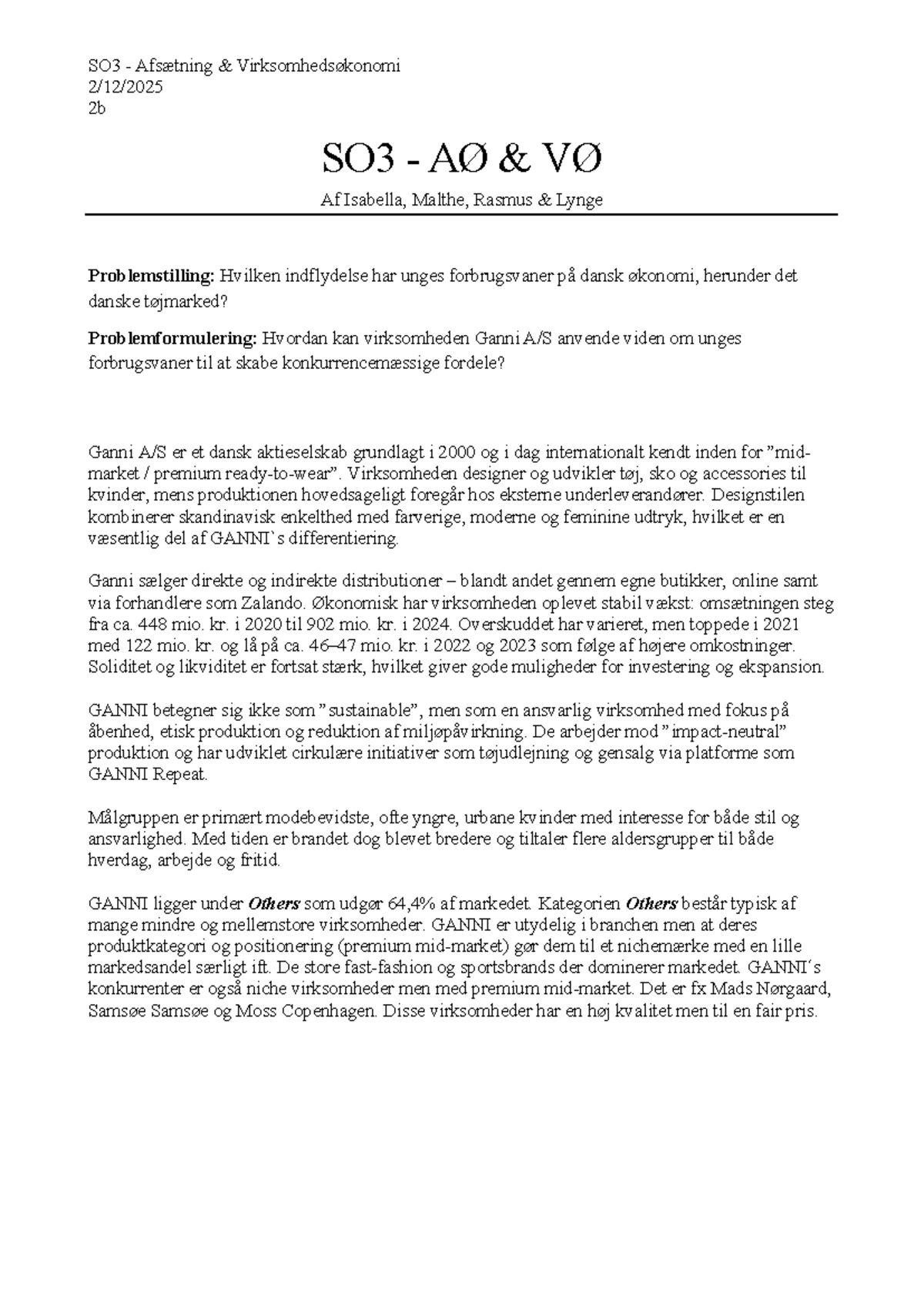 SO3 Afsætning Virksomhedsøkonomi 2b: Unge Forbrugsvaner og Ganni's ...