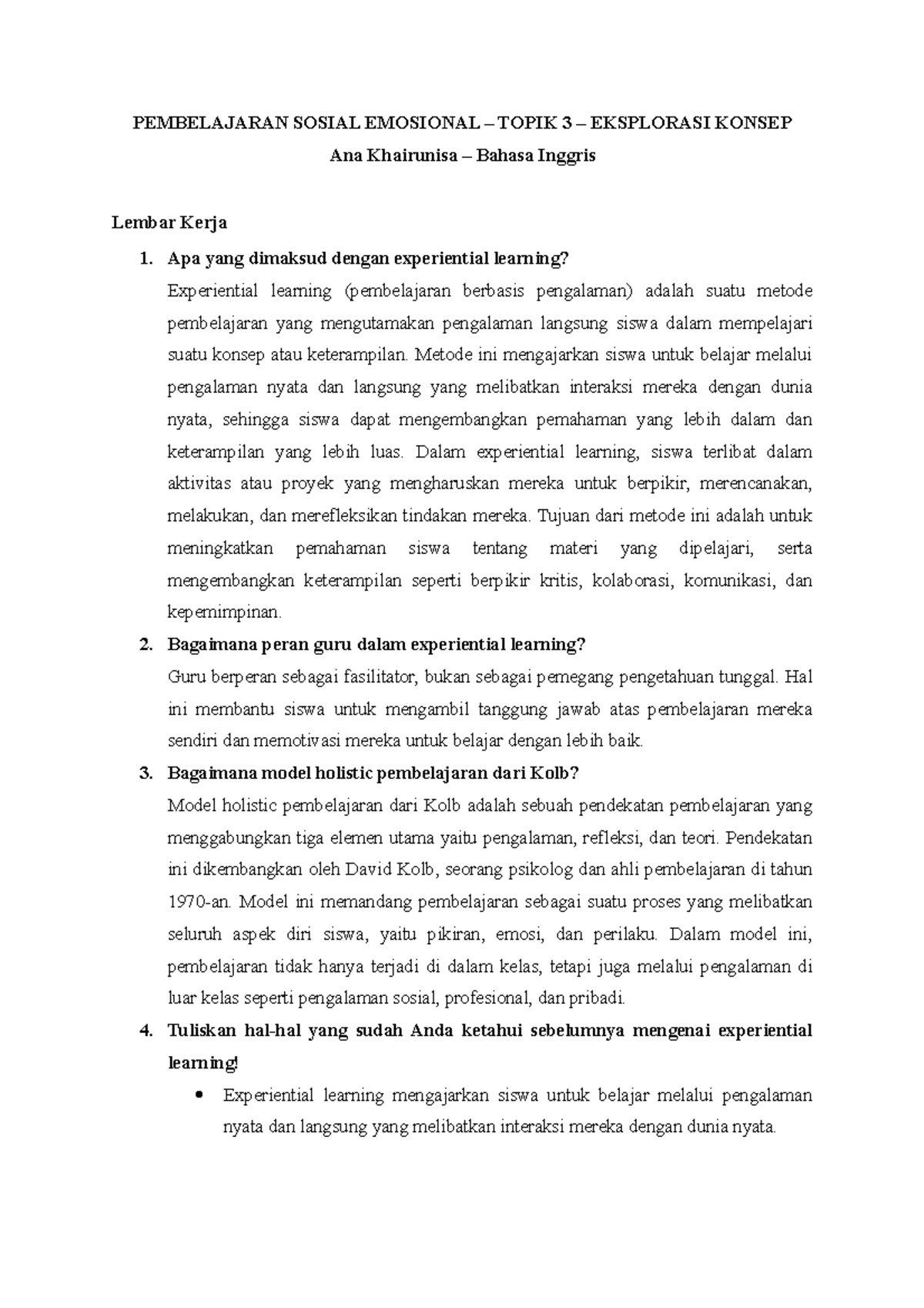 PSE T3 Pembelajaran Sosial Emosional: Eksplorasi Konsep Experiential Learning - Studocu