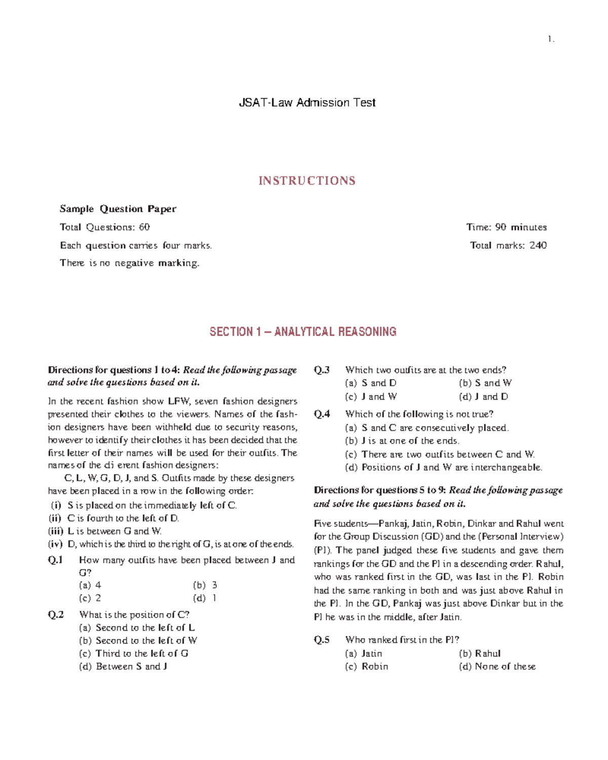 JSAT Law Admission Test Sample Question Paper with Instructions - Studocu