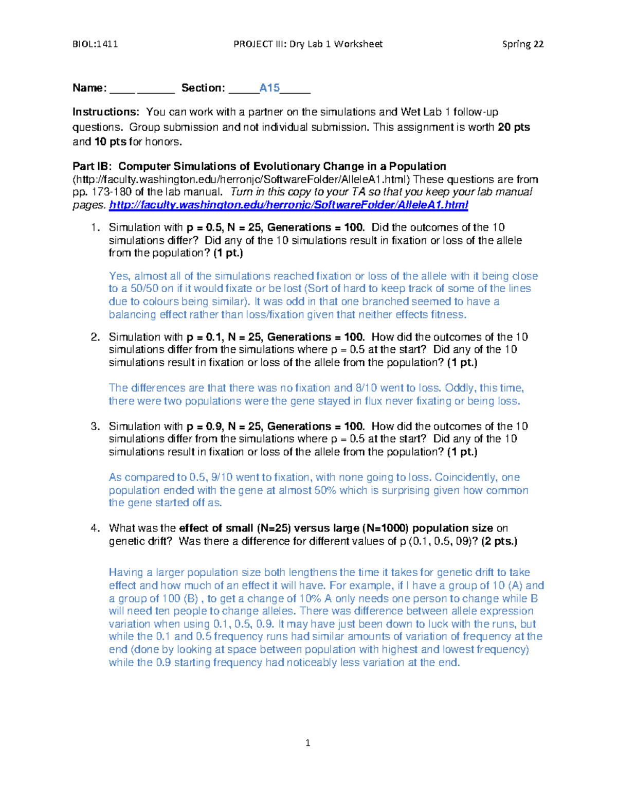 BIOL A15 Worksheet 5: Evolution Simulations & Wet Lab Analysis - Studocu