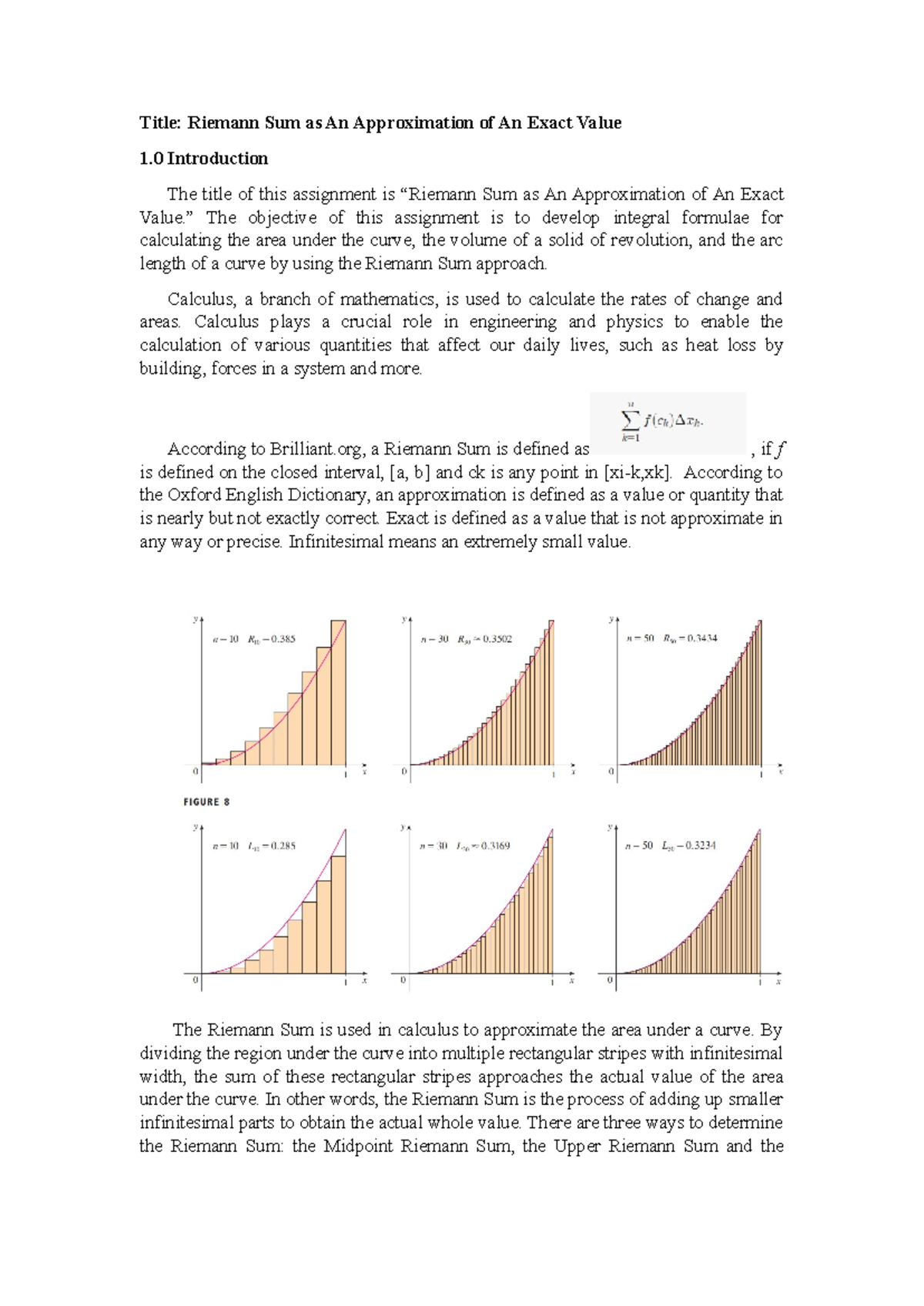 1. 0 Introduction - Title: Riemann Sum as An Approximation of An Exact ...