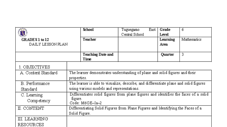 Mathematics 6 Lesson Plan: Differentiating Solid & Plane Figures - Studocu